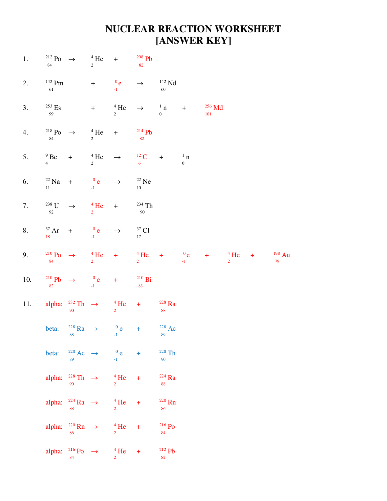 NUCLEAR REACTION WORKSHEET [ANSWER KEY] | Schemes and Mind Maps ...