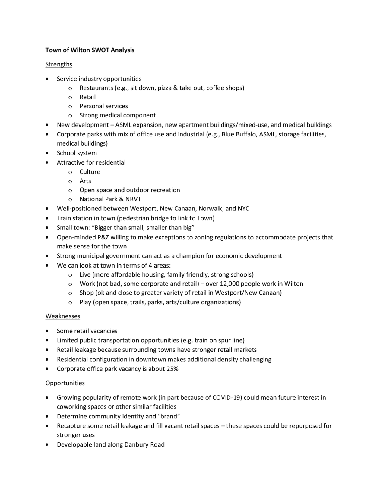 Town of Wilton SWOT Analysis Strengths • Service industry ... | Study ...