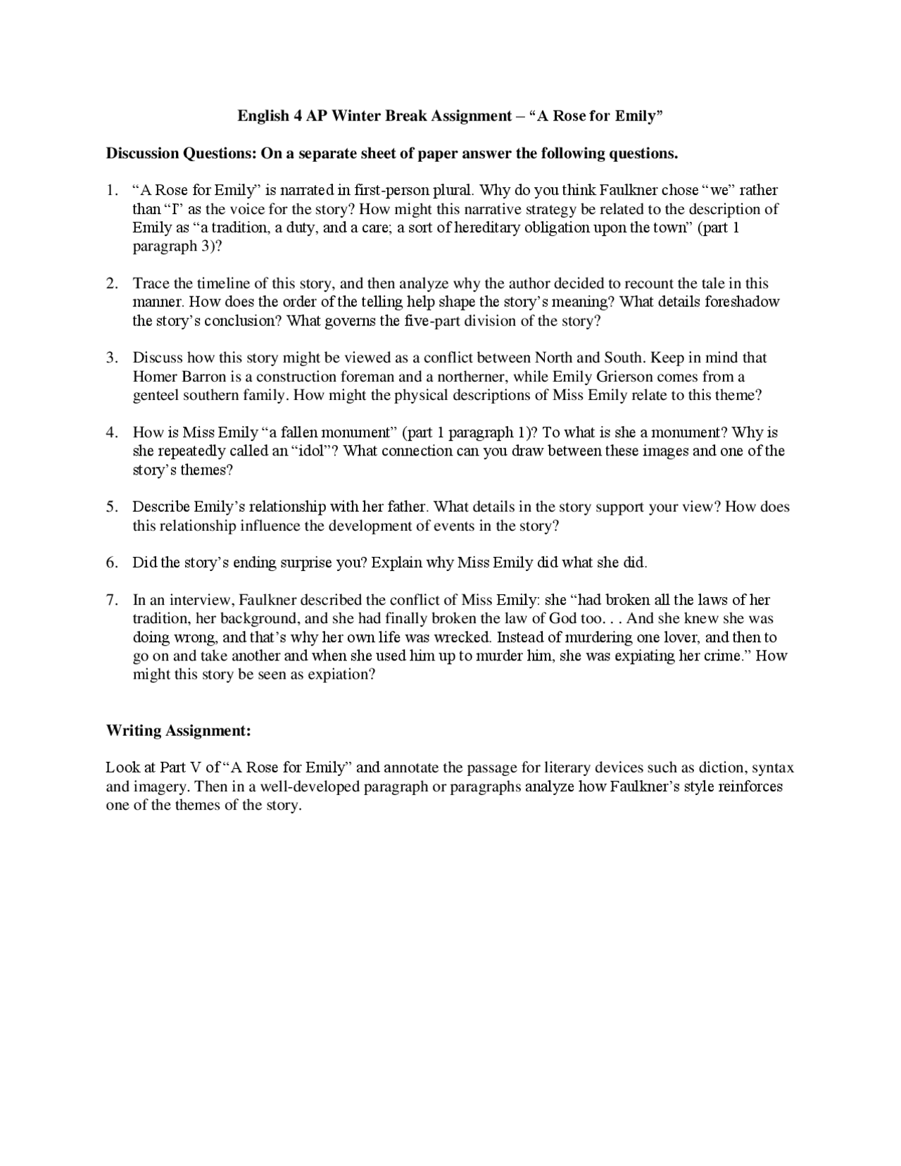 English 4 AP Winter Break Assignment – “A Rose for Emily” | Lecture ...