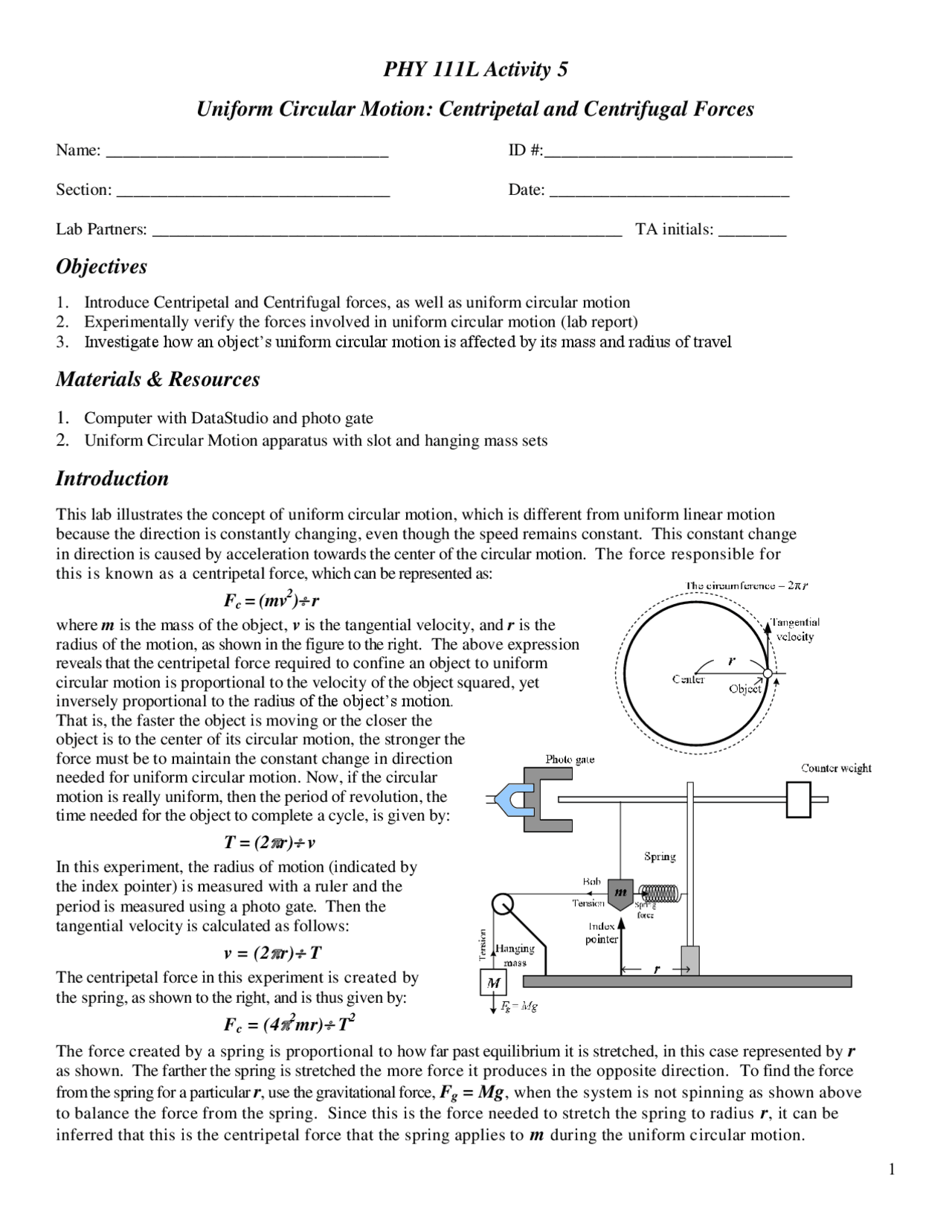 PHY 111L Activity 5 Uniform Circular Motion: Centripetal and ... | Summaries Physics | Docsity
