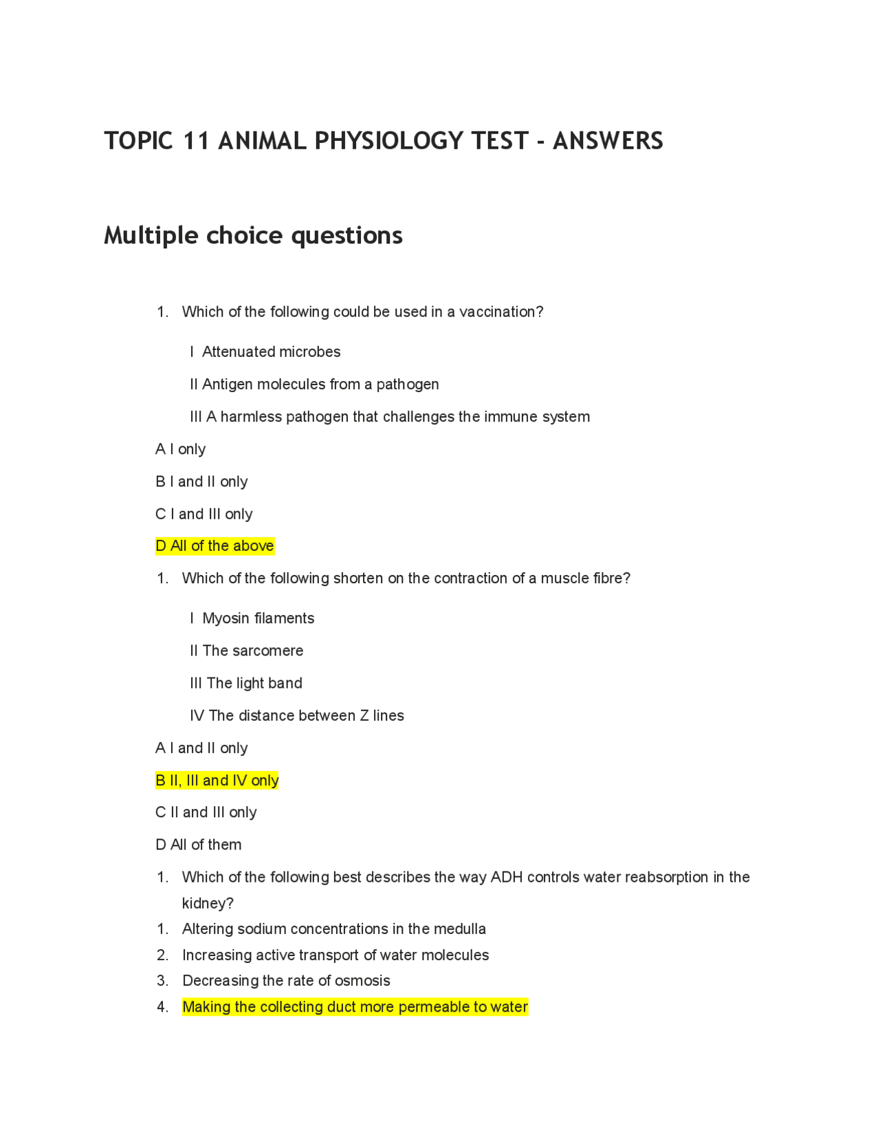 TOPIC 11 ANIMAL PHYSIOLOGY TEST | Study notes Physiology - Docsity