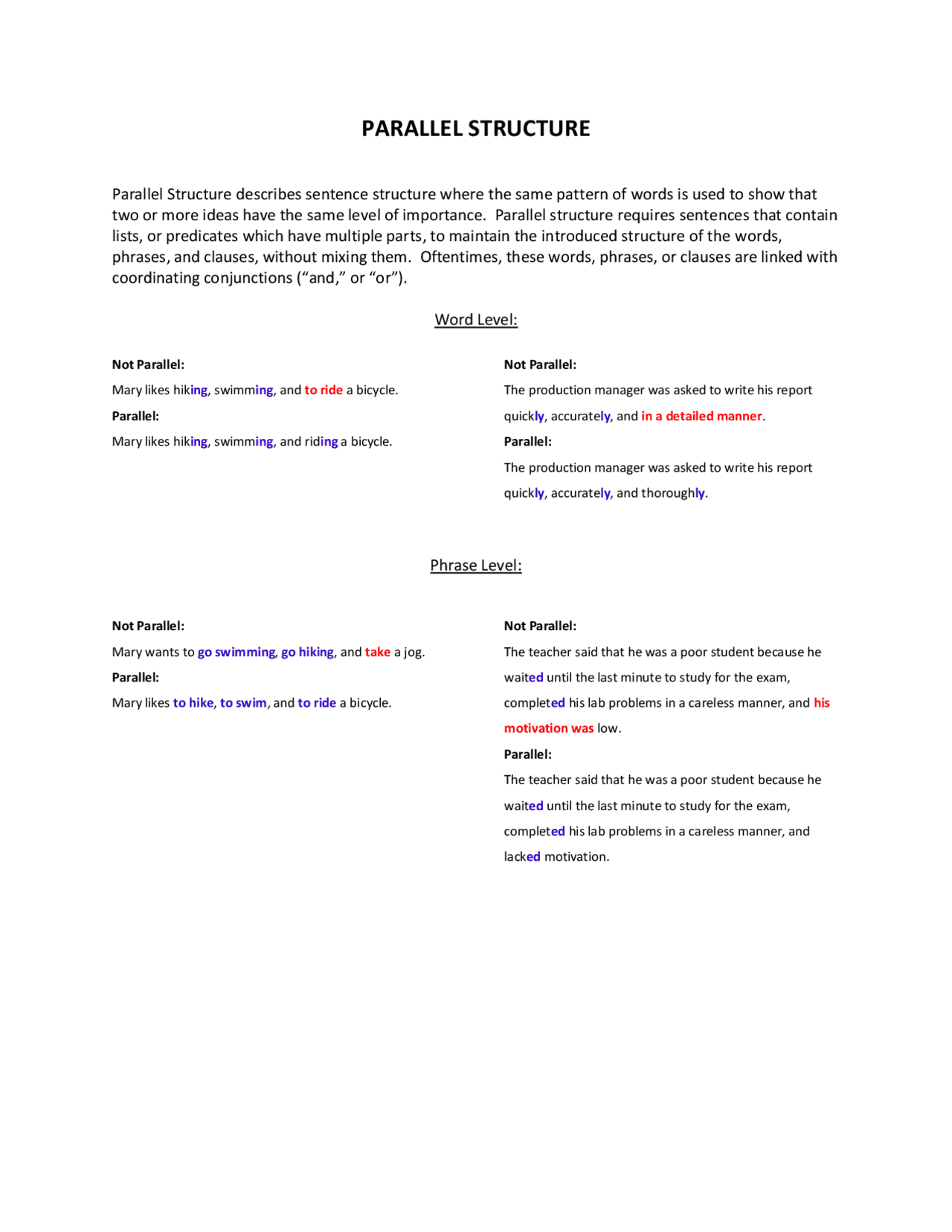 Parallel Structure Worksheets