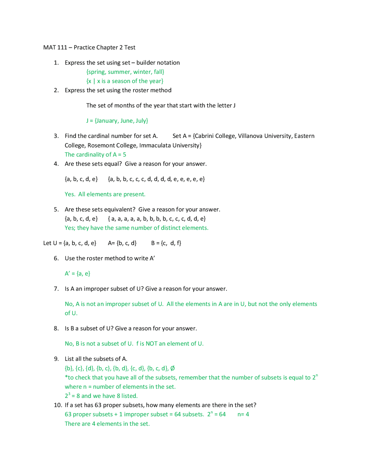MAT 111 – Practice Chapter 2 Test 1. Express the set using set ...