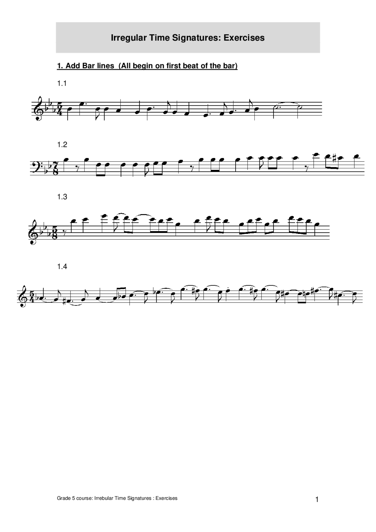 Irregular Time Signatures: Exercises | Lecture notes Music | Docsity