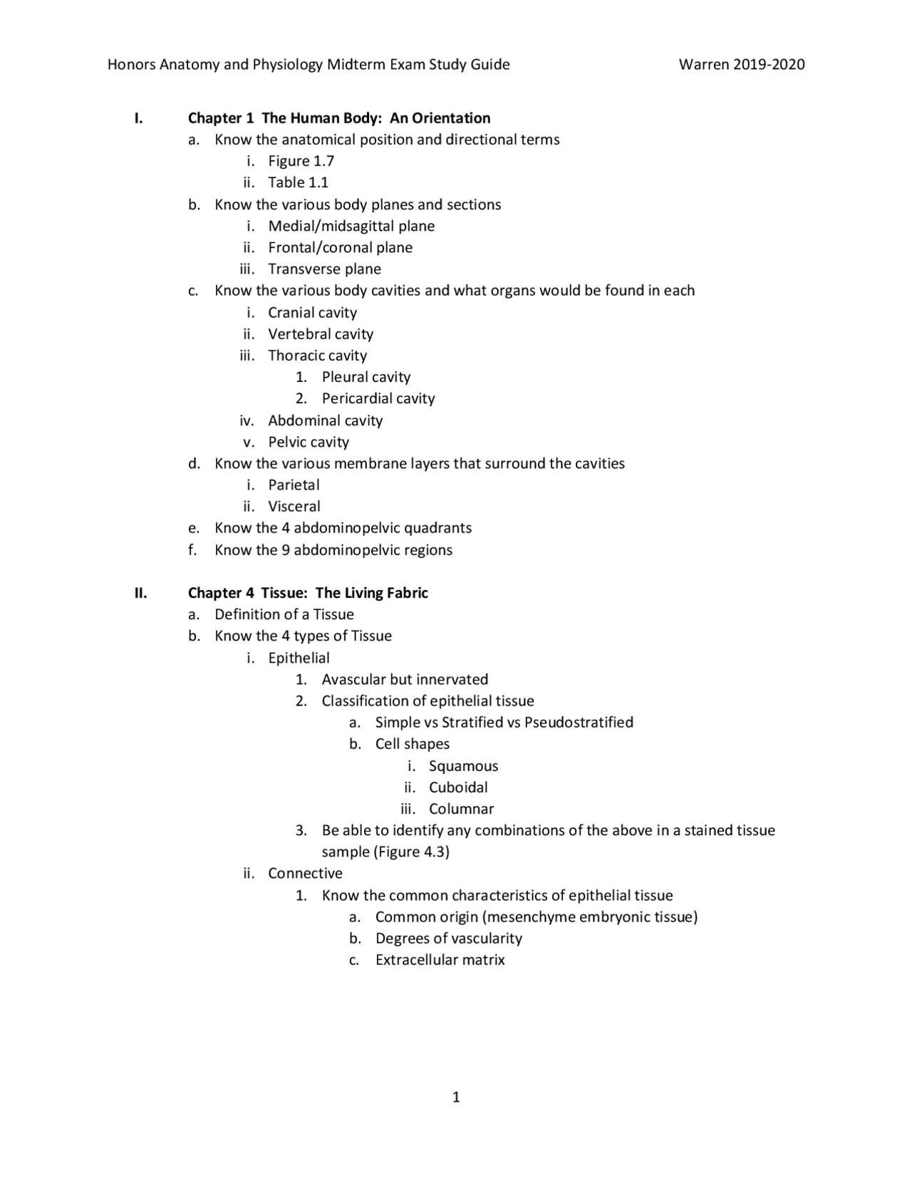 Honors Anatomy and Physiology Midterm Exam Study Guide | Lecture notes ...