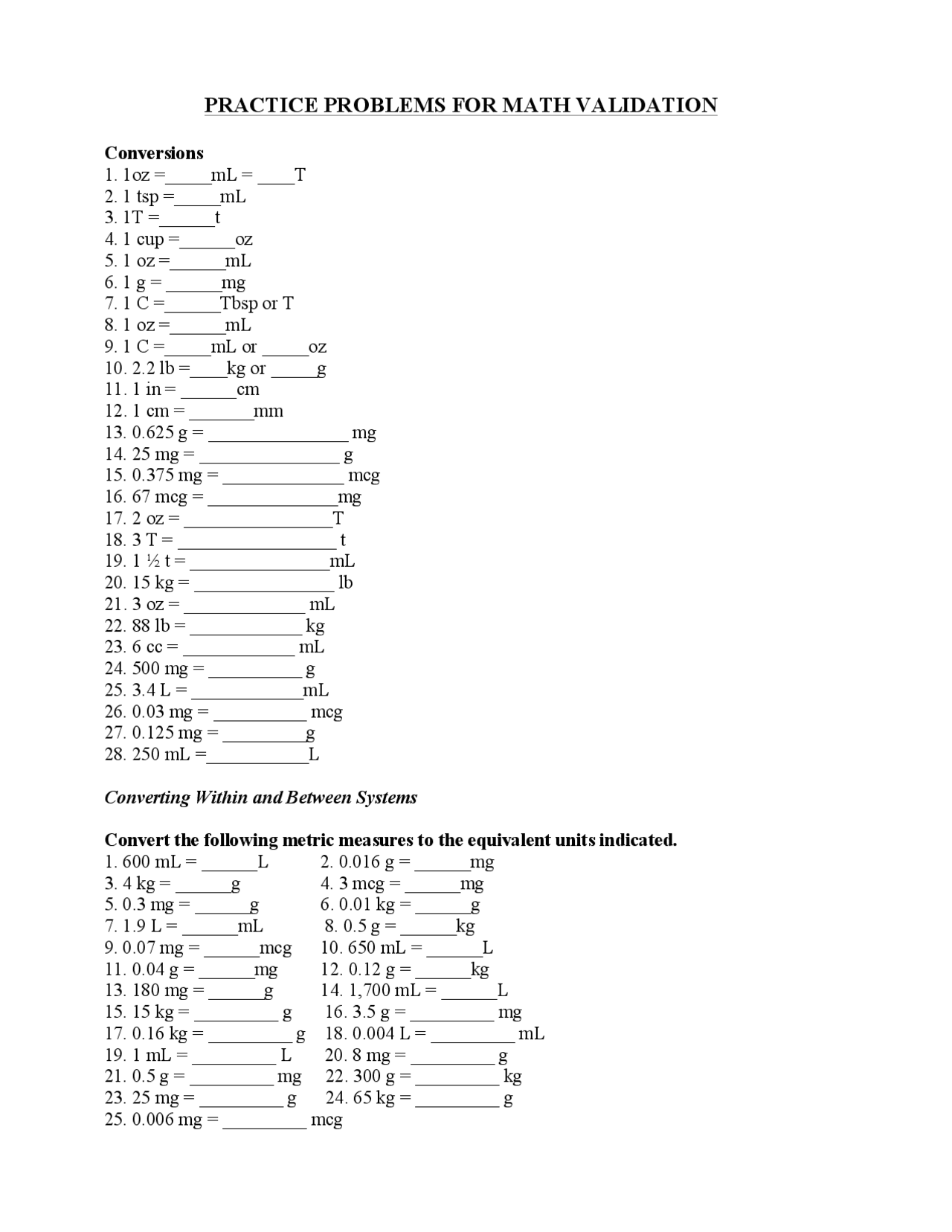 PRACTICE PROBLEMS FOR MATH VALIDATION | Summaries Nursing | Docsity