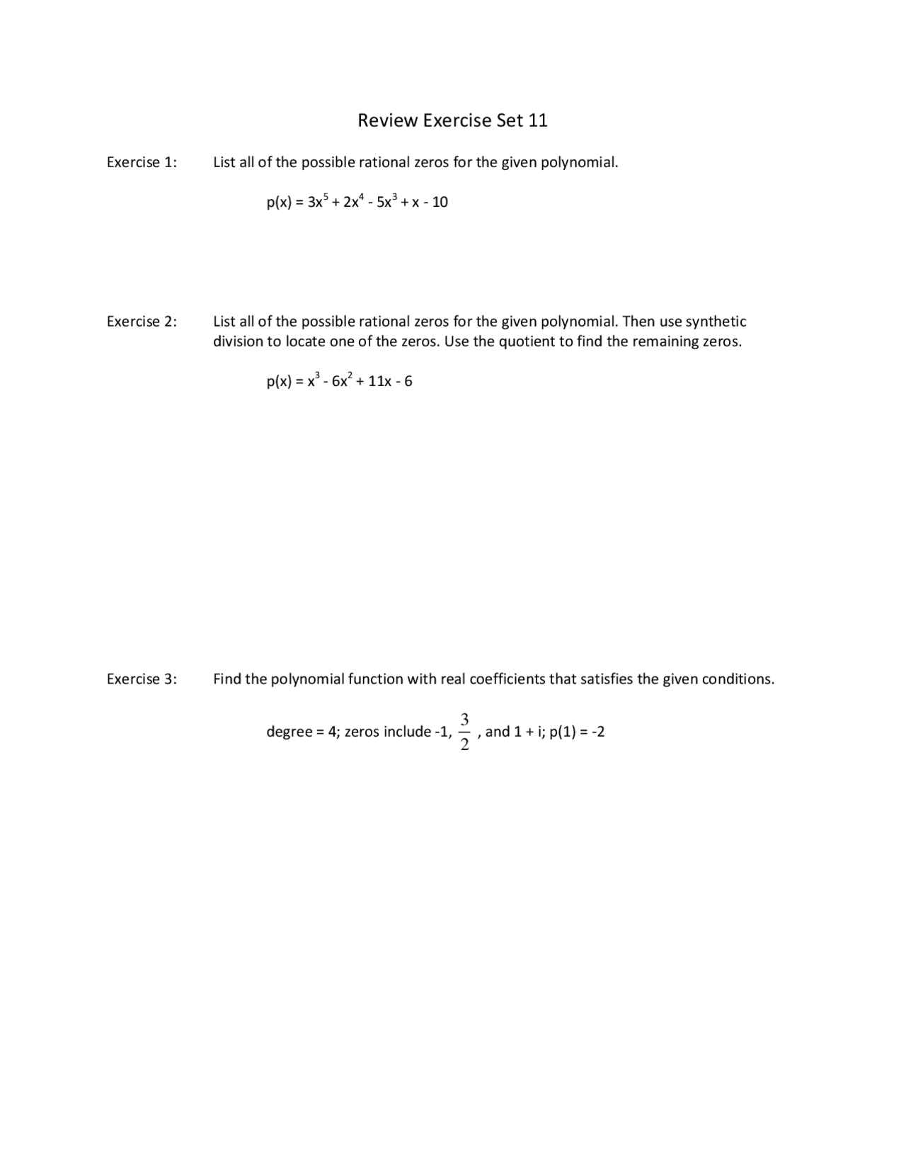 Review Exercise Set 11 | Exercises Calculus | Docsity