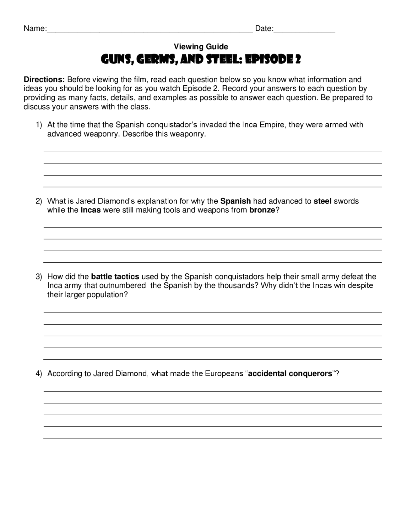 Guns, Germs, and Steel: Episode 2 | Exercises Spanish | Docsity