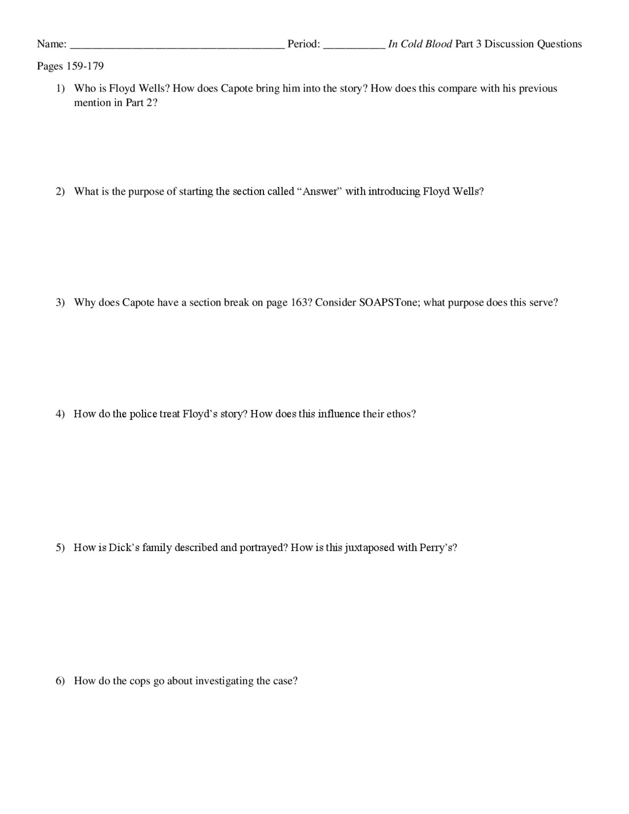 In Cold Blood Part 3 Discussion Questions Pages 159-179 1 ... | Study ...
