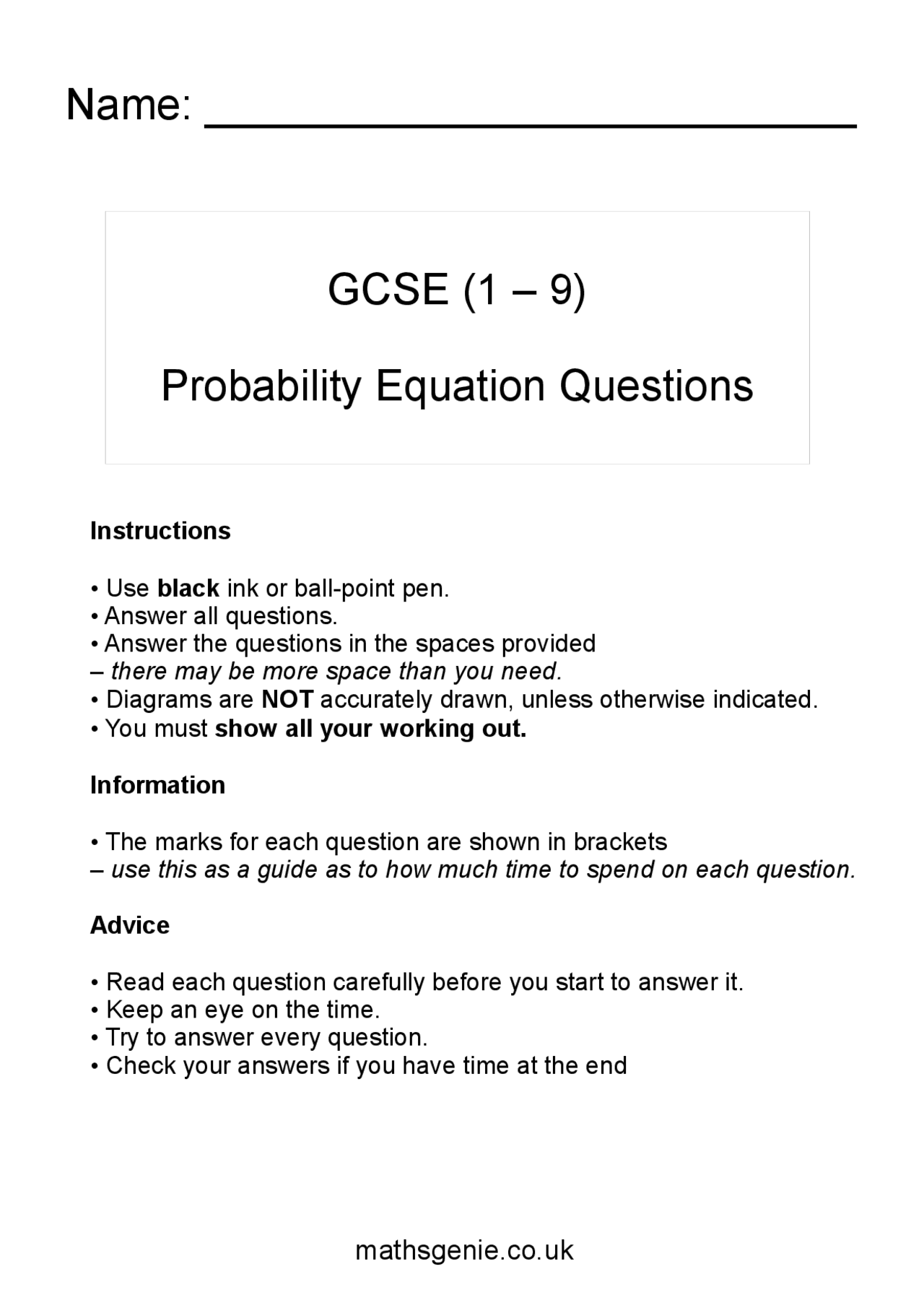 GCSE (1 – 9) Probability Equation Questions Name | Study notes Algebra ...