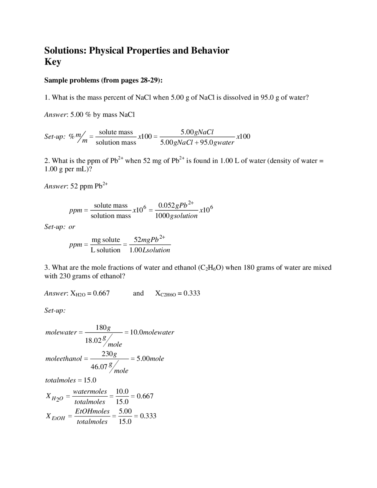 Solutions: Physical Properties and Behavior Key | Study notes Chemistry ...