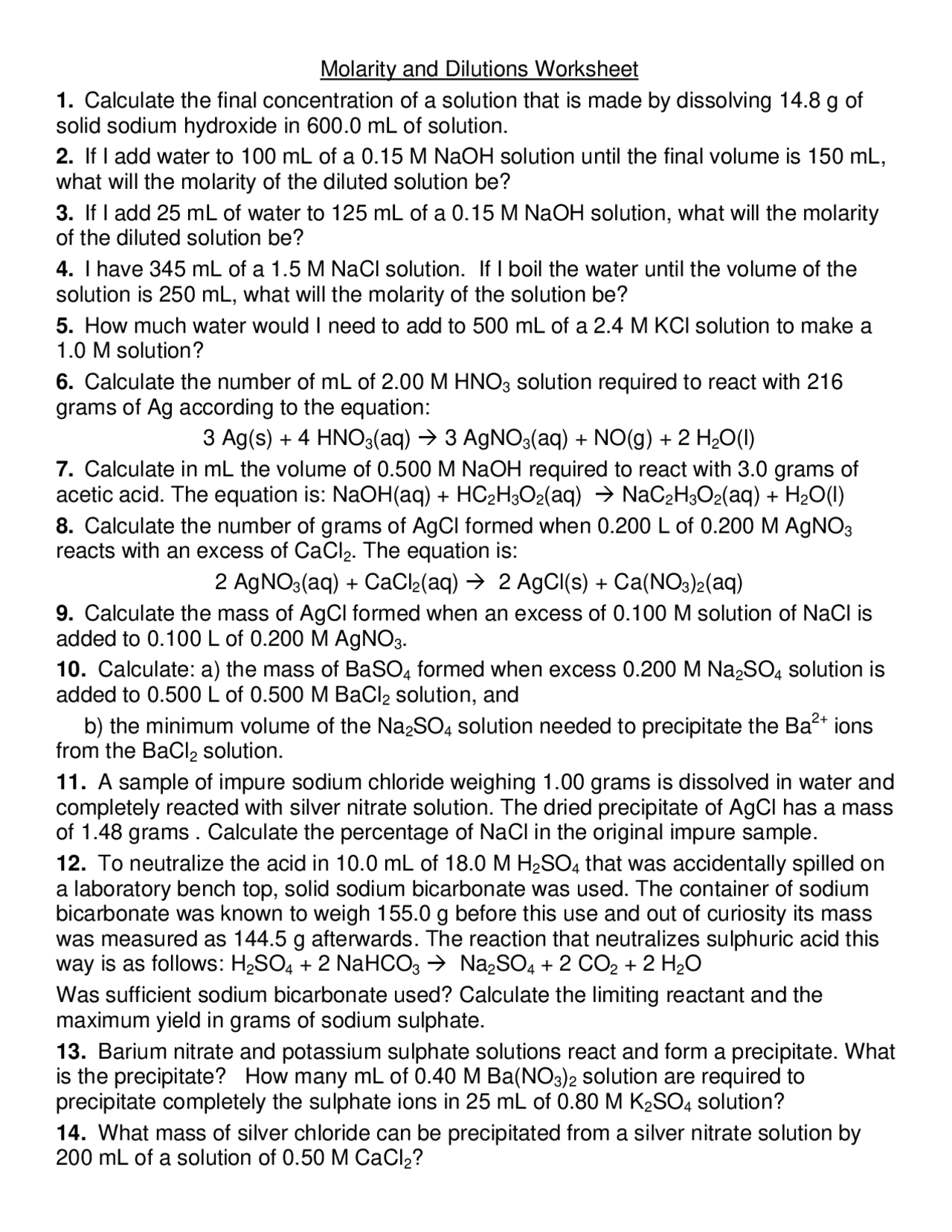 Dilutions Worksheet