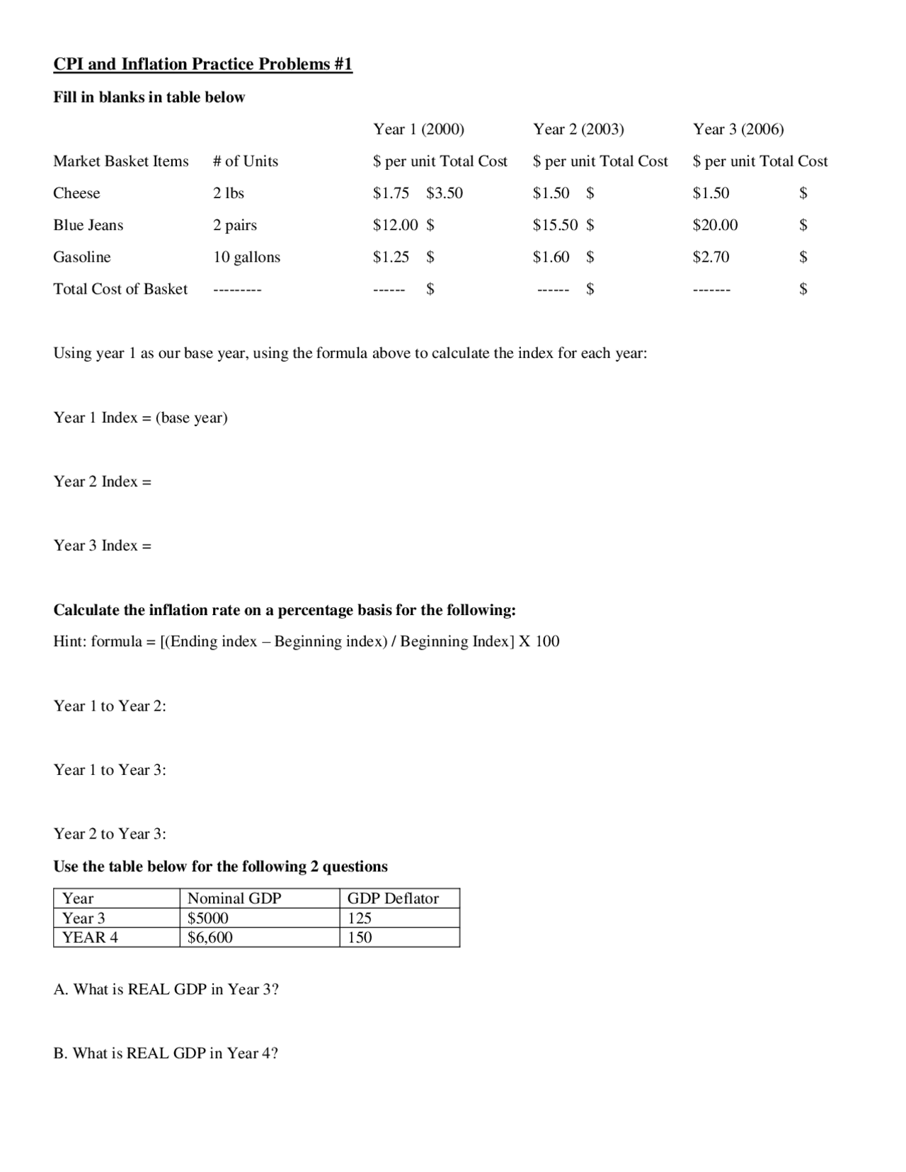 CPI and Inflation Practice Problems #1 | Lecture notes Mechanics | Docsity