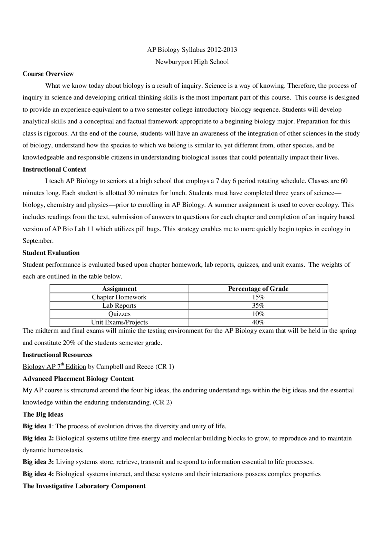 Ap Biology Syllabus 2012 2013 Lecture Notes Biology Docsity
