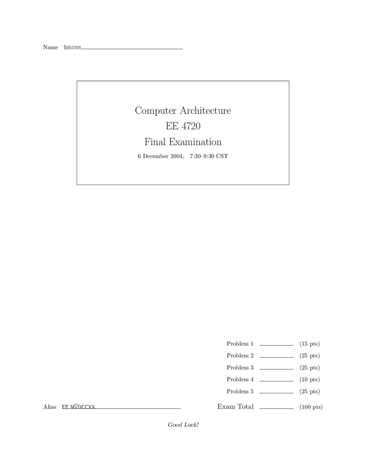 Computer Architecture Ee 4720 Final Examination Exercises Architecture Docsity
