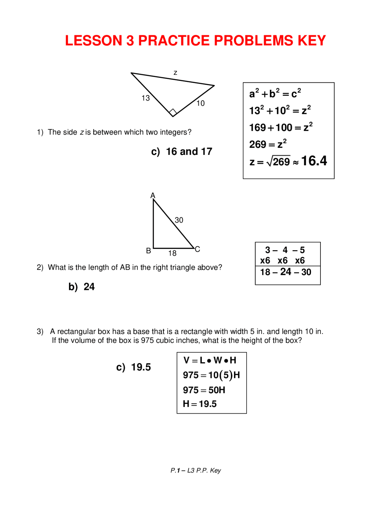 LESSON 3 PRACTICE PROBLEMS KEY | Slides Geometry | Docsity