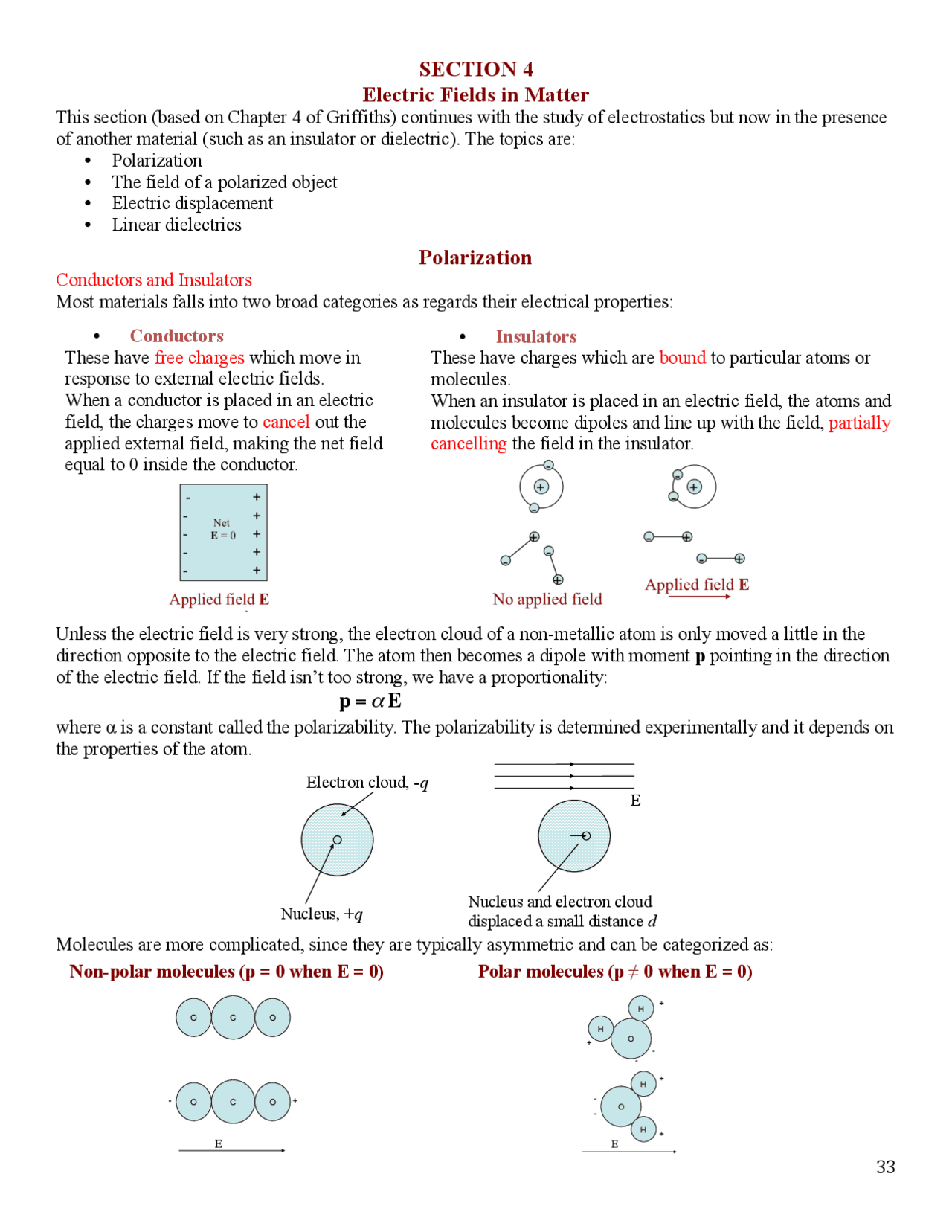 SECTION 4 Electric Fields in Matter Polarization p =αE | Study notes ...