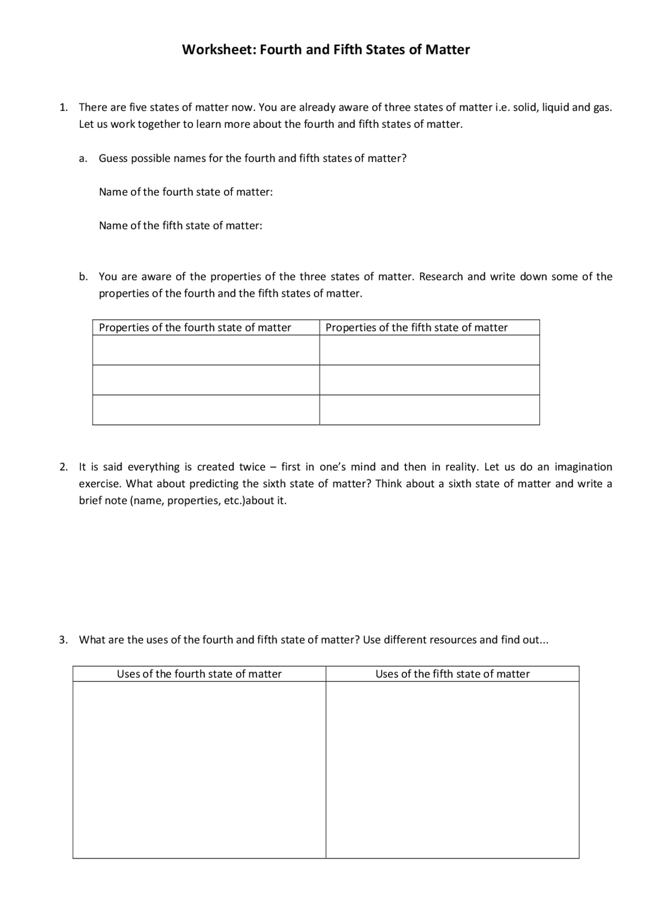 Worksheet: Fourth and Fifth States of Matter | Lecture notes Chemistry ...