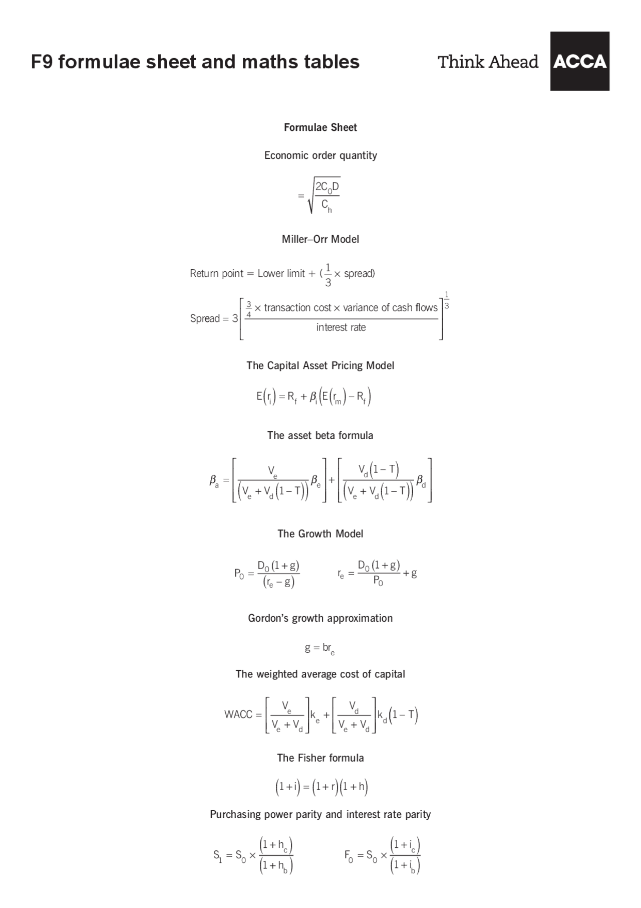 F9 Formulae Sheet And Maths Tables Exercises Mathematics Docsity