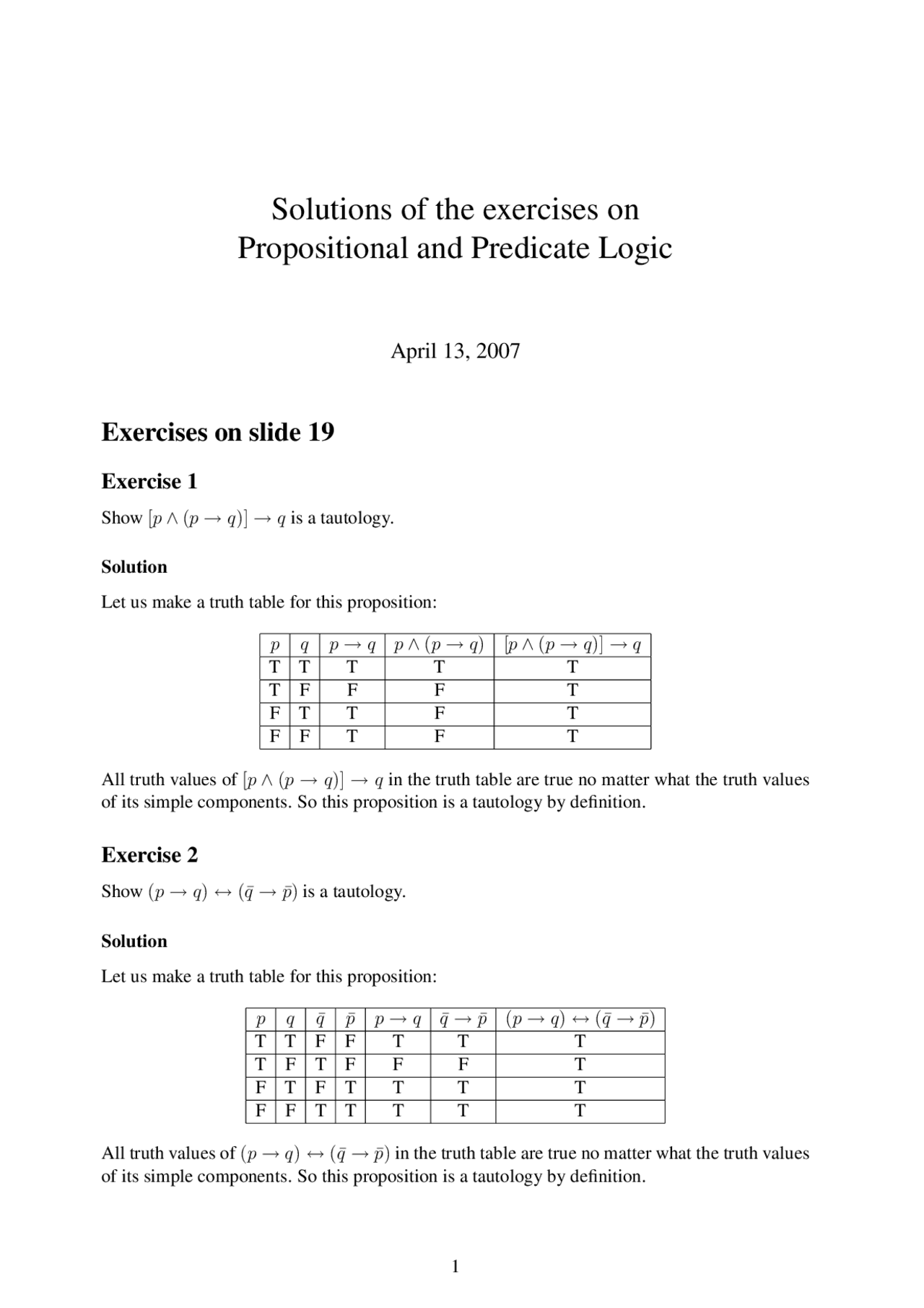 Solutions Of The Exercises On Propositional And Predicate Logic Summaries Logic Docsity