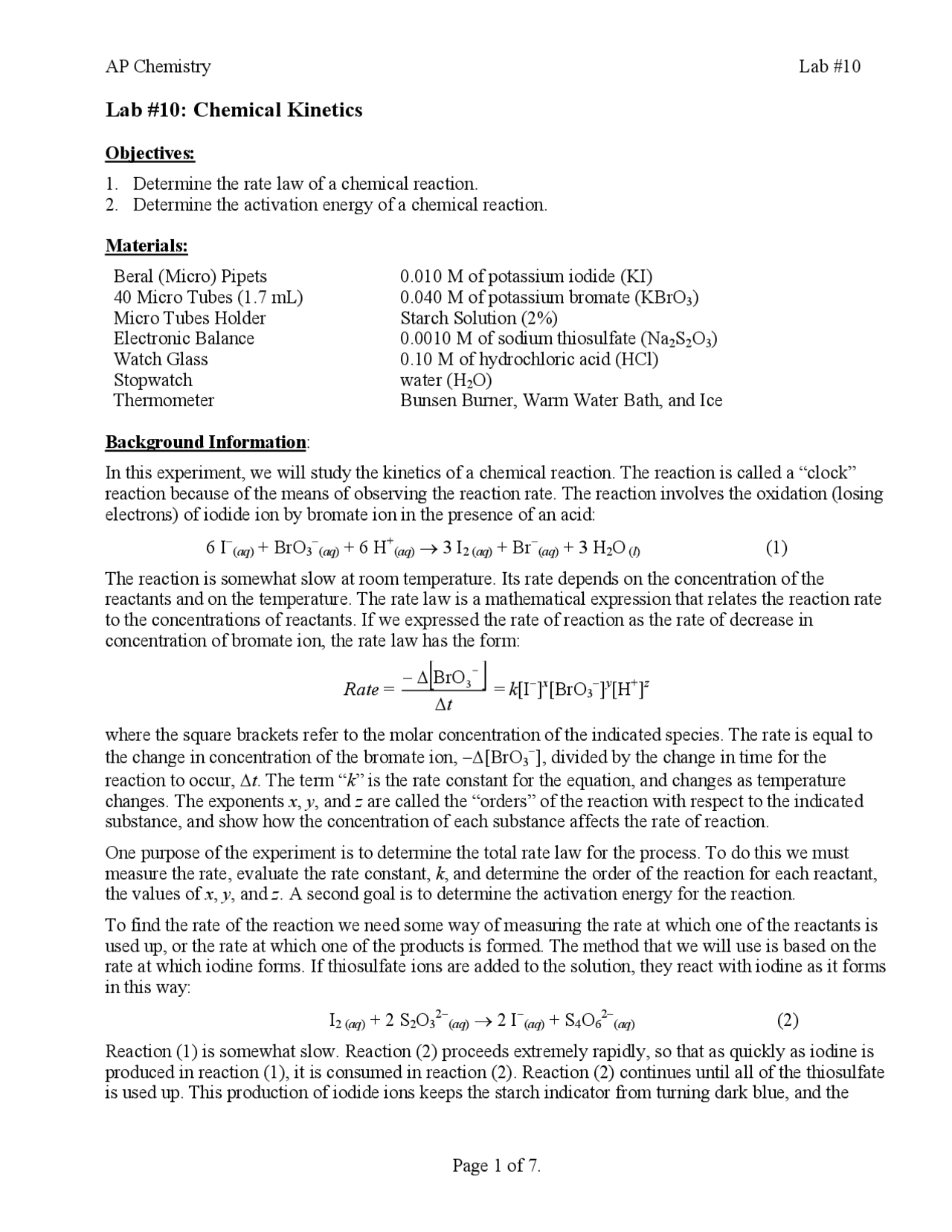 Lab #10: Chemical Kinetics | Summaries Chemical Kinetics | Docsity