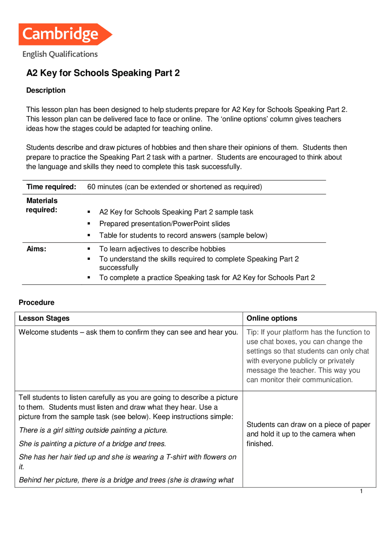A2 Key for Schools Speaking Part 2 Lesson Plan: Preparing Students for ...