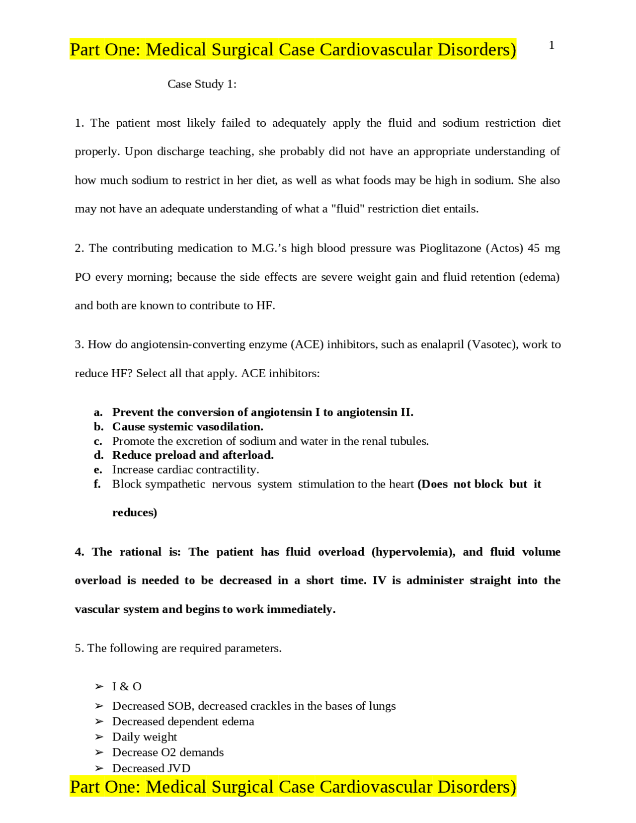 Part One: Medical Surgical Case Cardiovascular Disorders) | Study ...