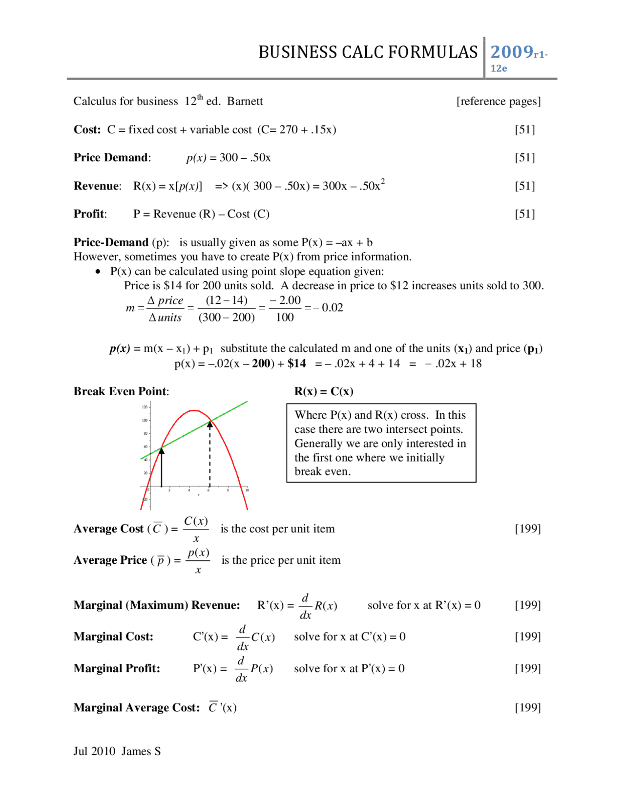 BUSINESS CALC FORMULAS 2009r1 | Lecture notes Managerial Economics ...