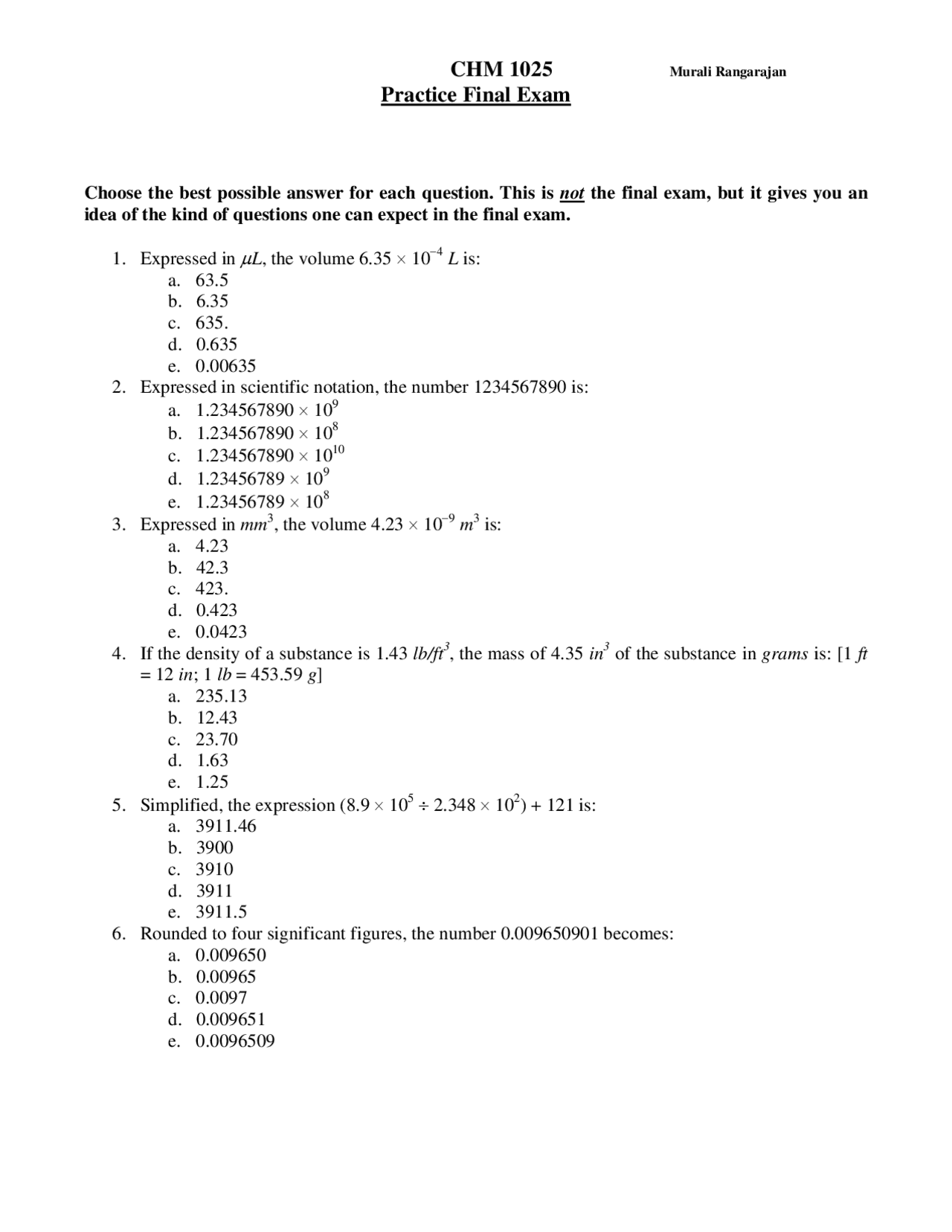 CHM 1025 Practice Final Exam | Slides Chemistry | Docsity