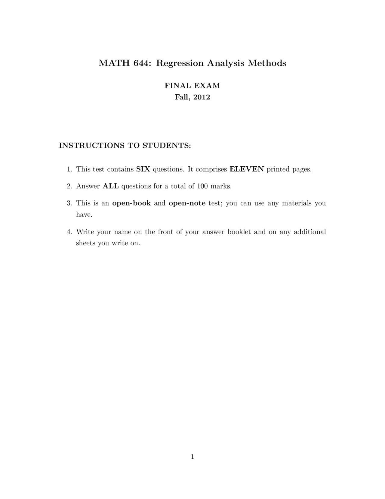 MATH 644: Regression Analysis Methods | Schemes and Mind Maps Design | Docsity