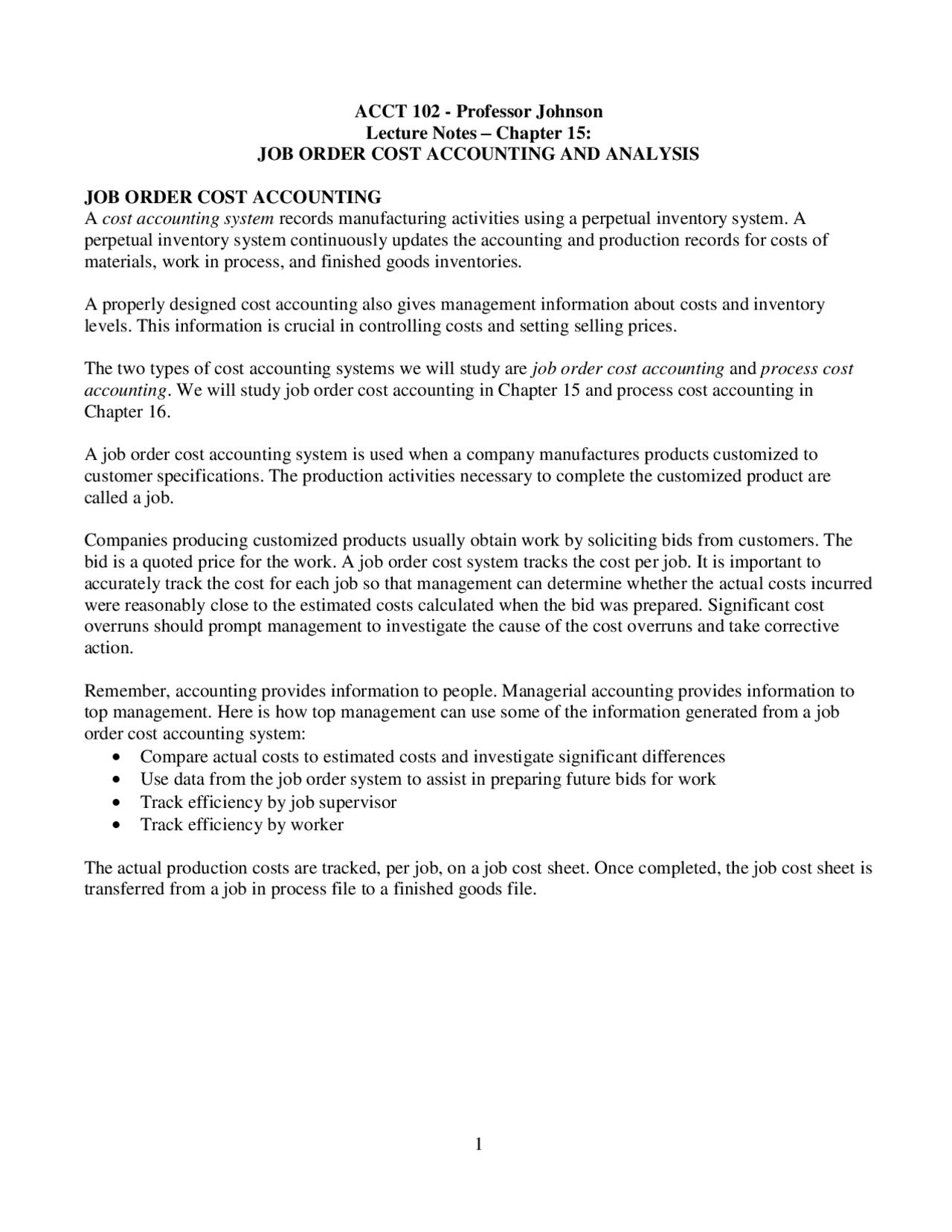 ACCOUNTING IN A JOB ORDER COSTING SYSTEM | Study notes Accounting | Docsity