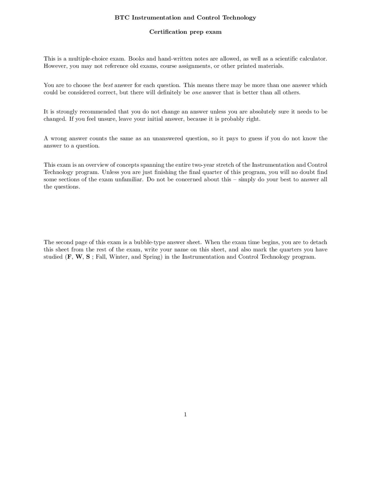 BTC Instrumentation and Control Technology | Exams Technology | Docsity