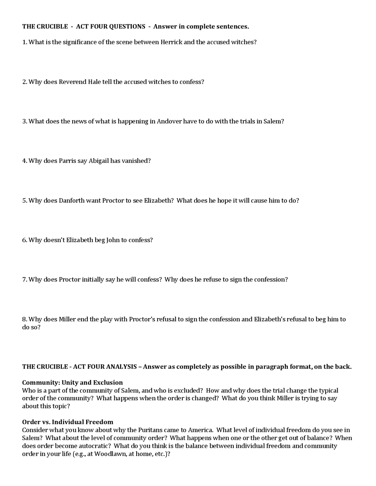 THE CRUCIBLE ACT FOUR QUESTIONS Answer in complete ... | Schemes and ...