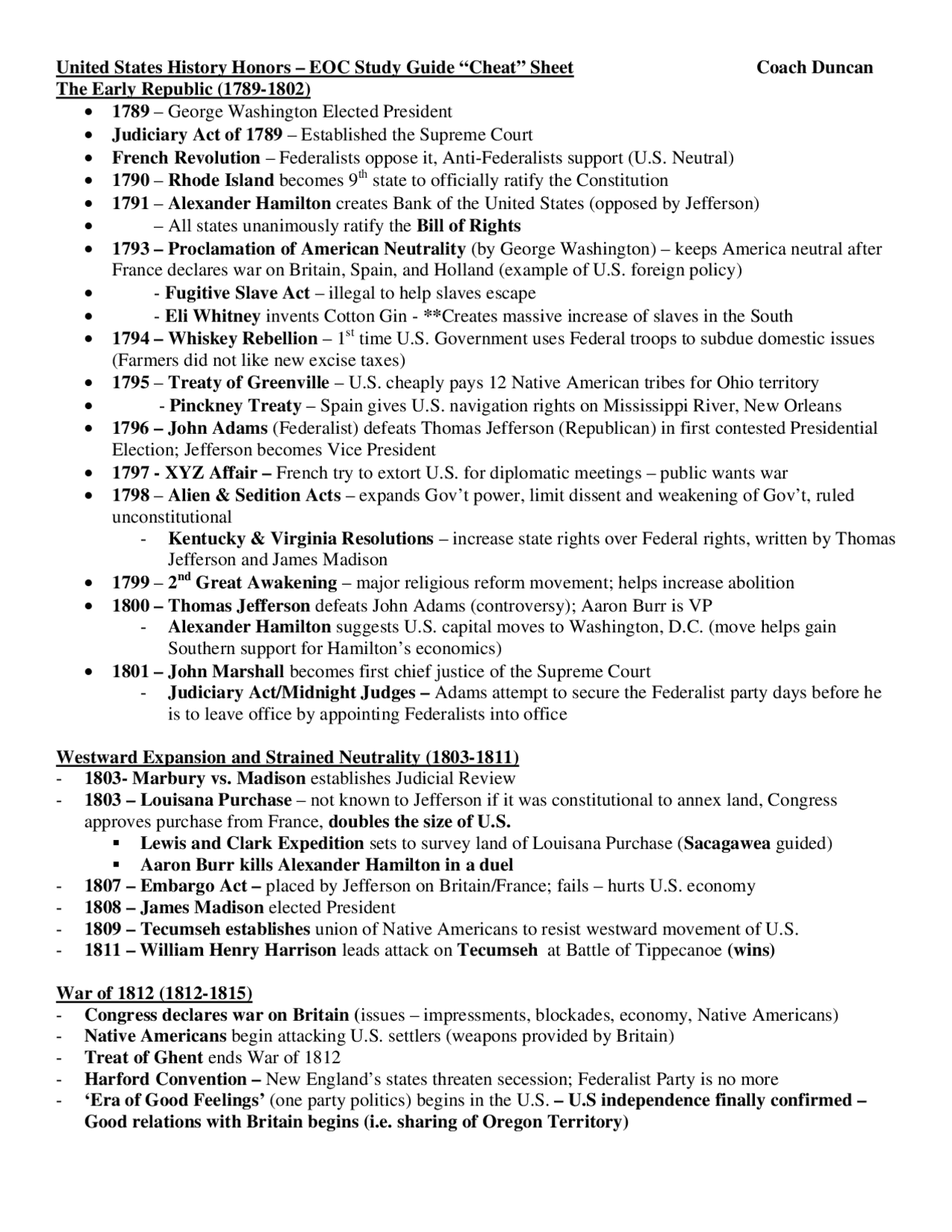 United States History Honors – EOC Study Guide “Cheat” Sheet | Lecture ...