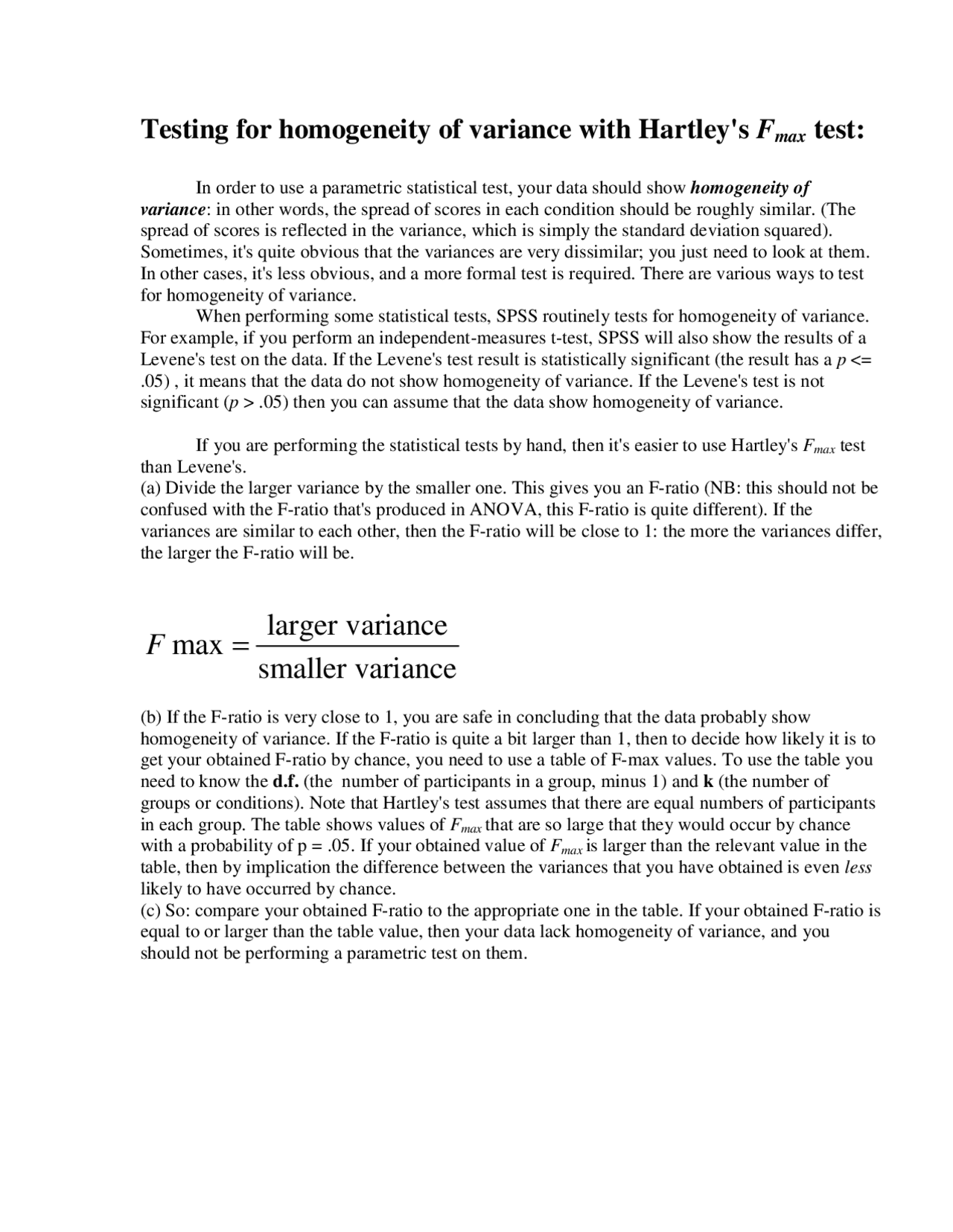 Testing for homogeneity of variance with Hartley's Fmax test | Schemes ...