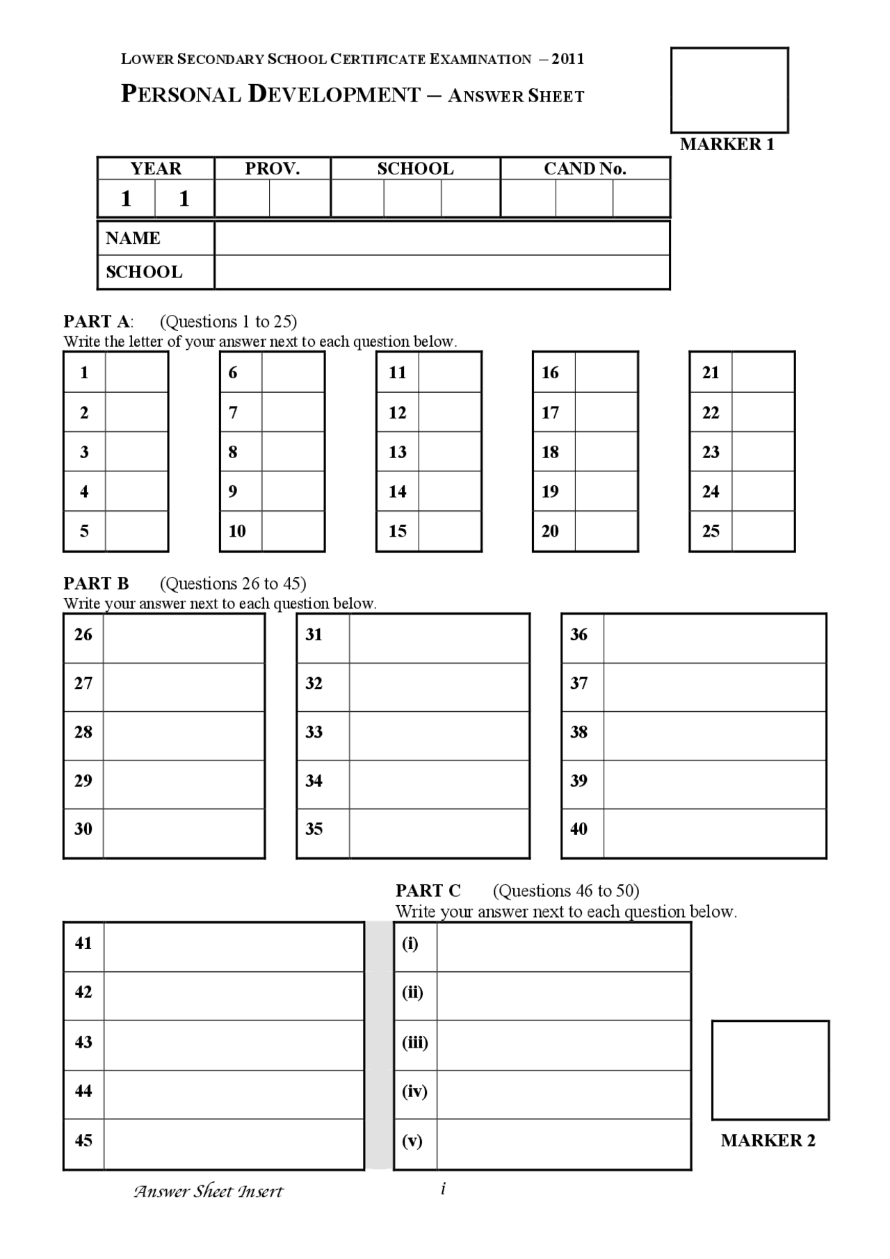 PERSONAL DEVELOPMENT – ANSWER SHEET | Exercises Science education | Docsity