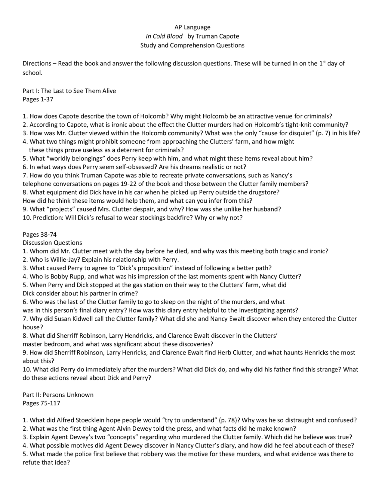 AP Language Summer Reading Assignment In Cold Blood.pdf | Study notes ...