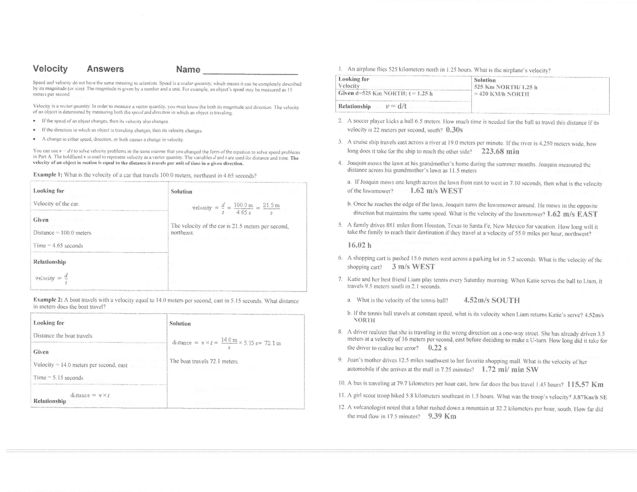 Velocity Answers Summaries Physics Docsity