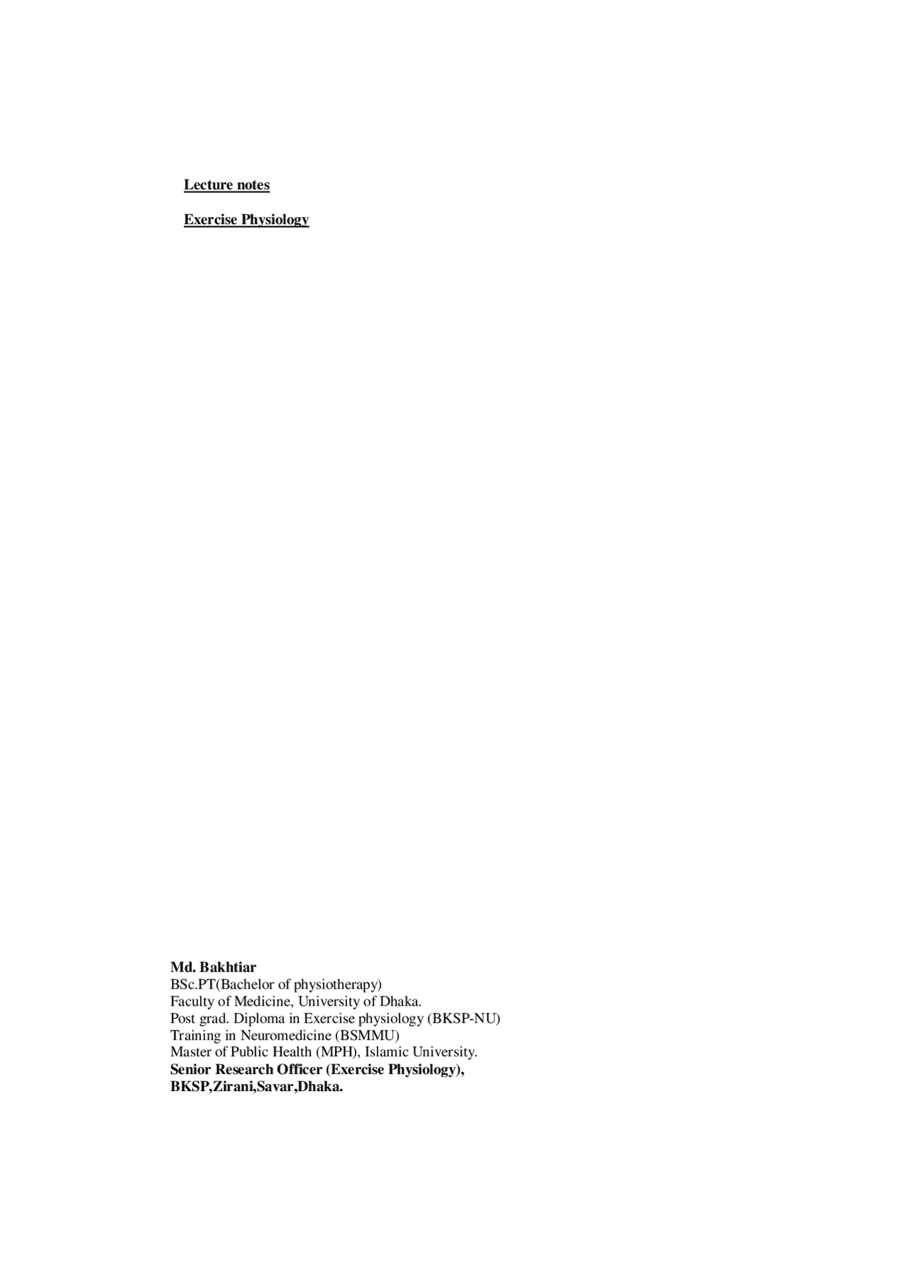 Lecture Notes Exercise Physiology Md Bakhtiar Bscpt Lecture Notes Physiology Docsity