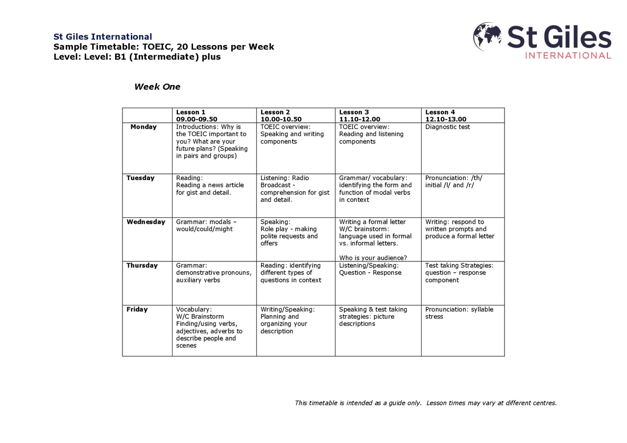 Sample Timetable: TOEIC, 20 Lessons per Week Level | Study notes School ...