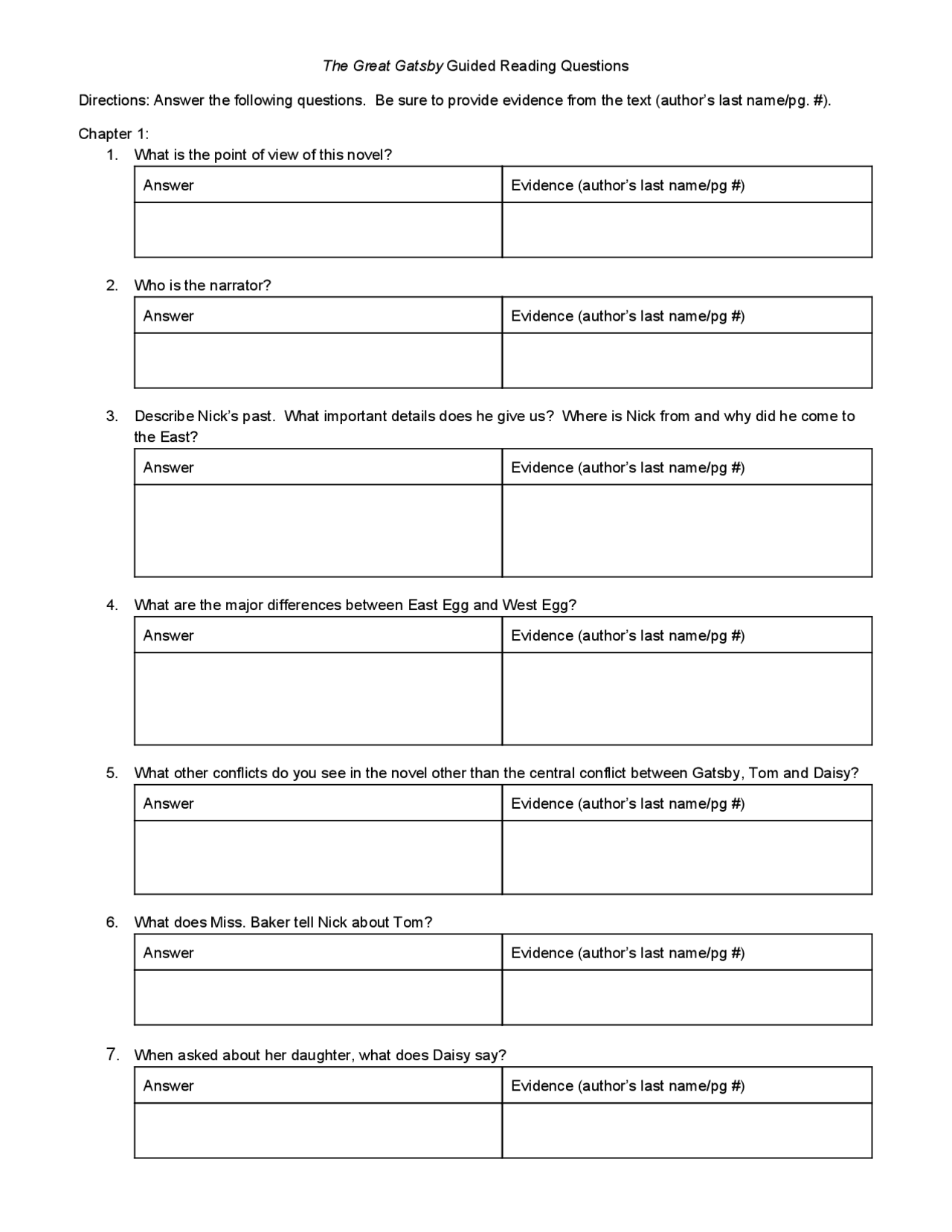 The Great Gatsby Guided Reading Questions Directions Lecture Notes