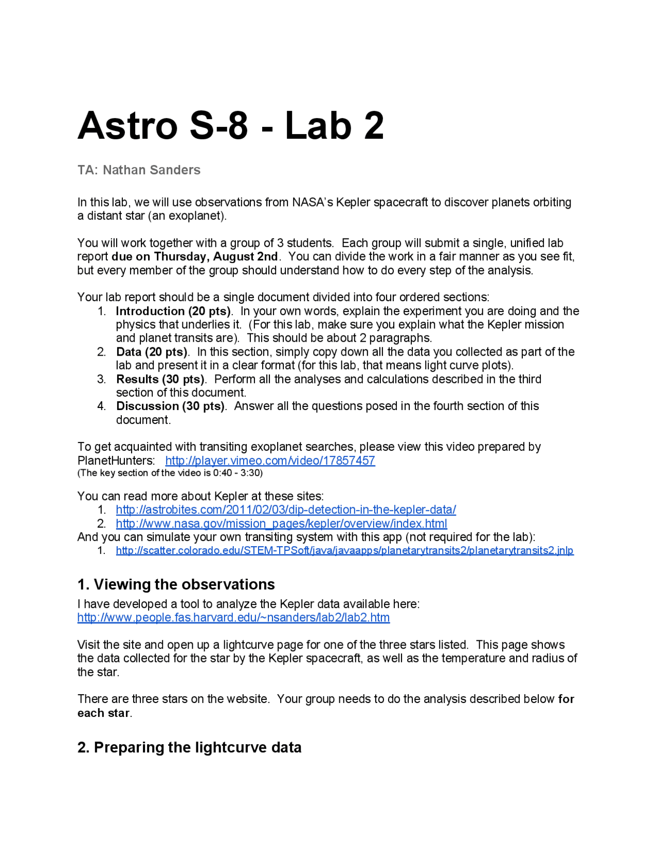 Astro S-8 Lab 2: Discovering Exoplanets using NASA's Kepler Data ...