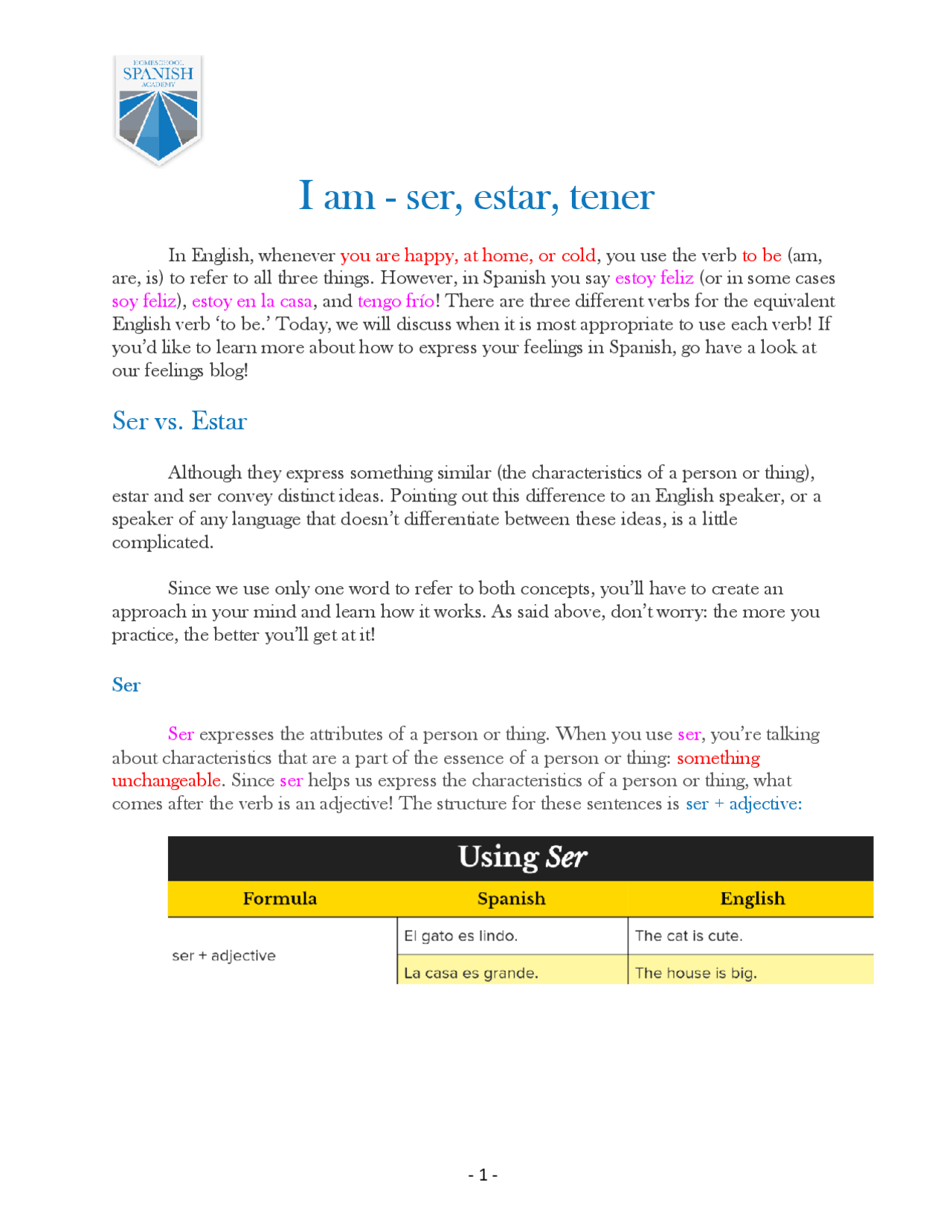 I Am Ser Estar Tener Lecture Notes Spanish Docsity