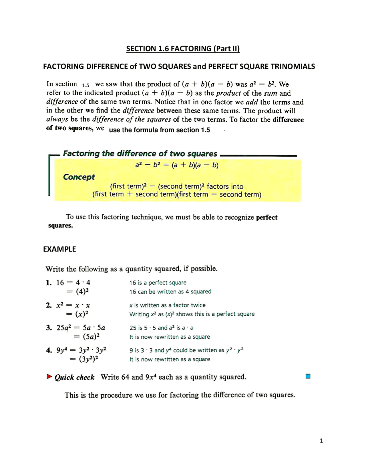 Factoring: Difference of Two Squares and Perfect Square Trinomials ...