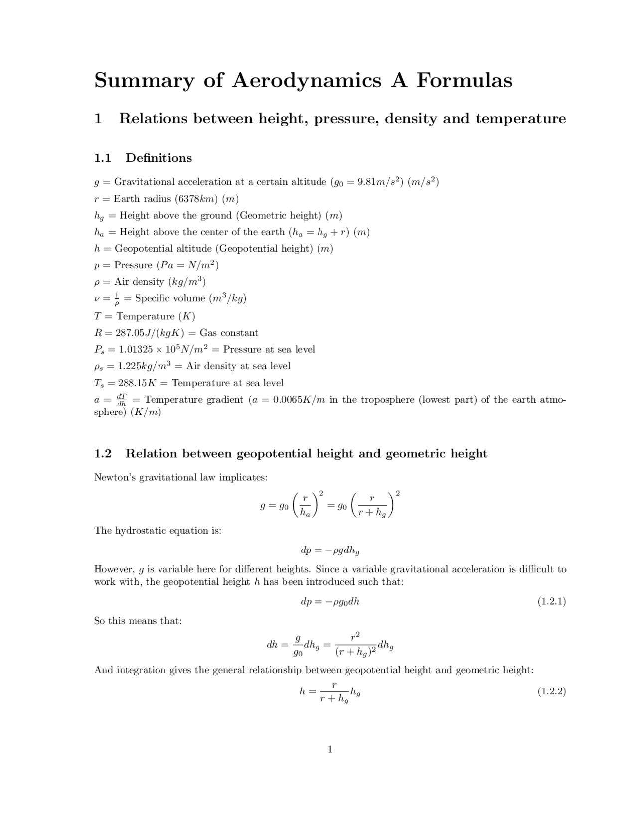 Summary of Aerodynamics A Formulas | Lecture notes Aerodynamics - Docsity