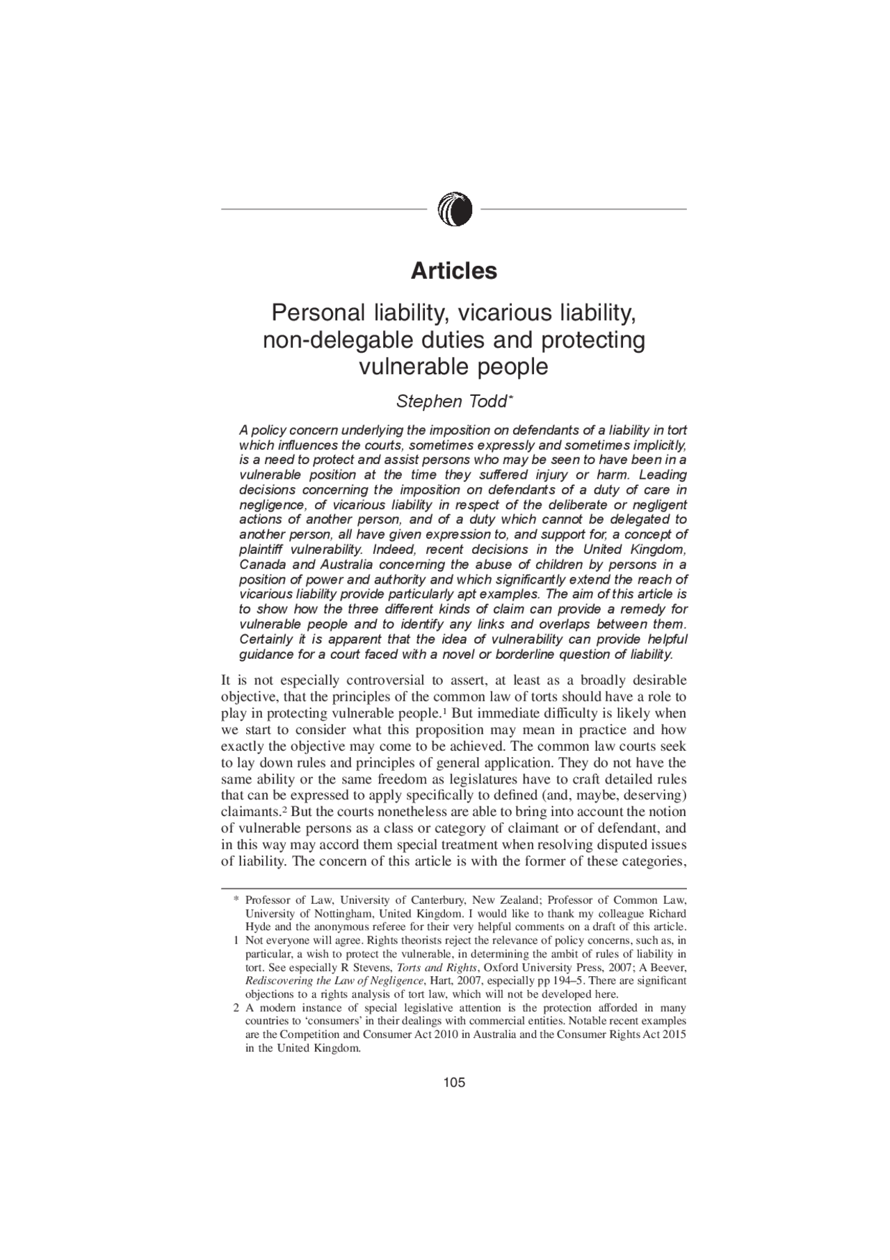 Personal liability, vicarious liability, non-delegable duties and ...