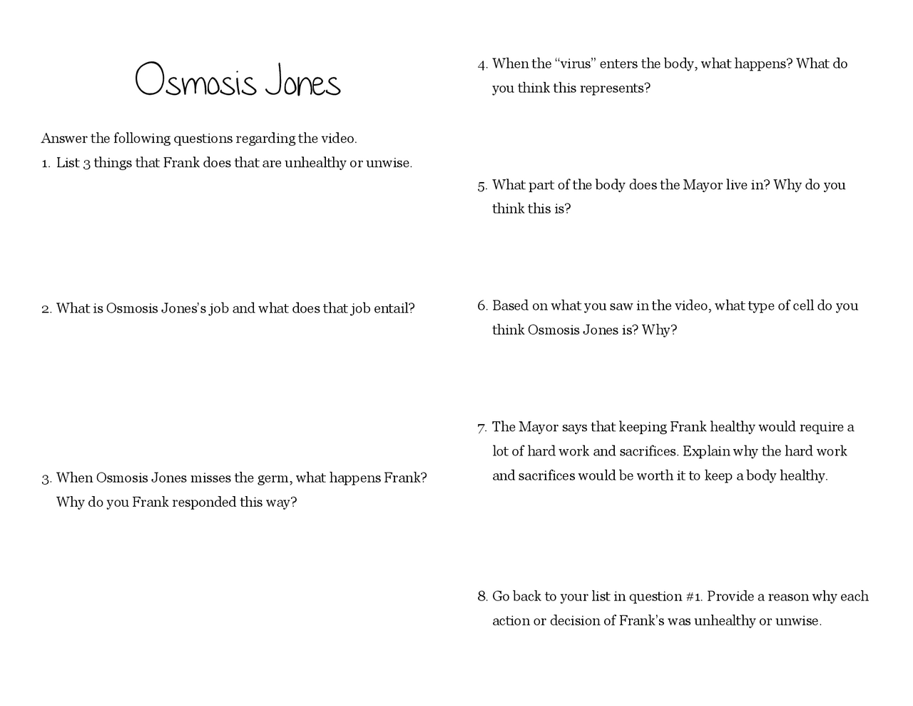 Osmosis Jones Worksheet | Exams English Literature | Docsity