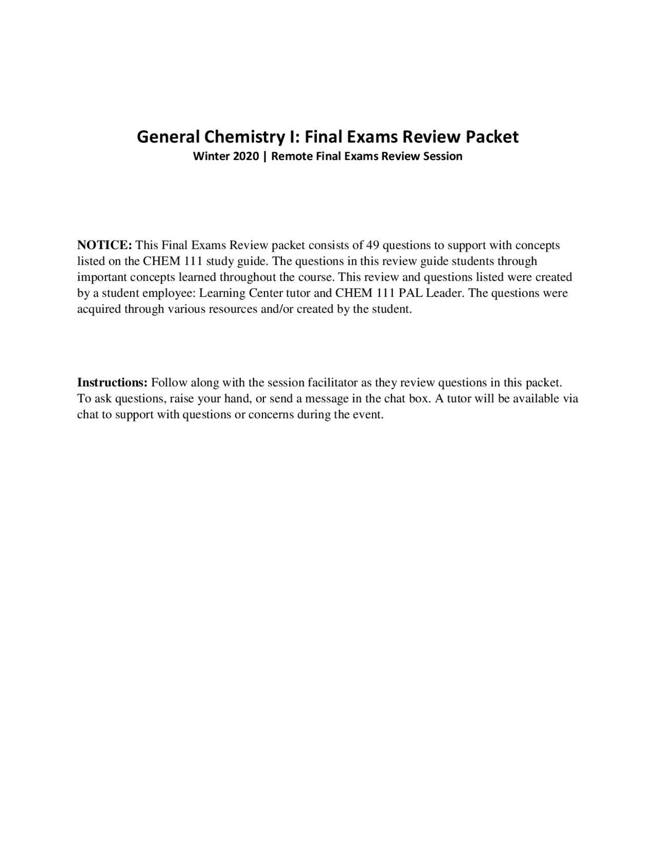 General Chemistry I: Final Exams Review Packet | Lecture notes ...