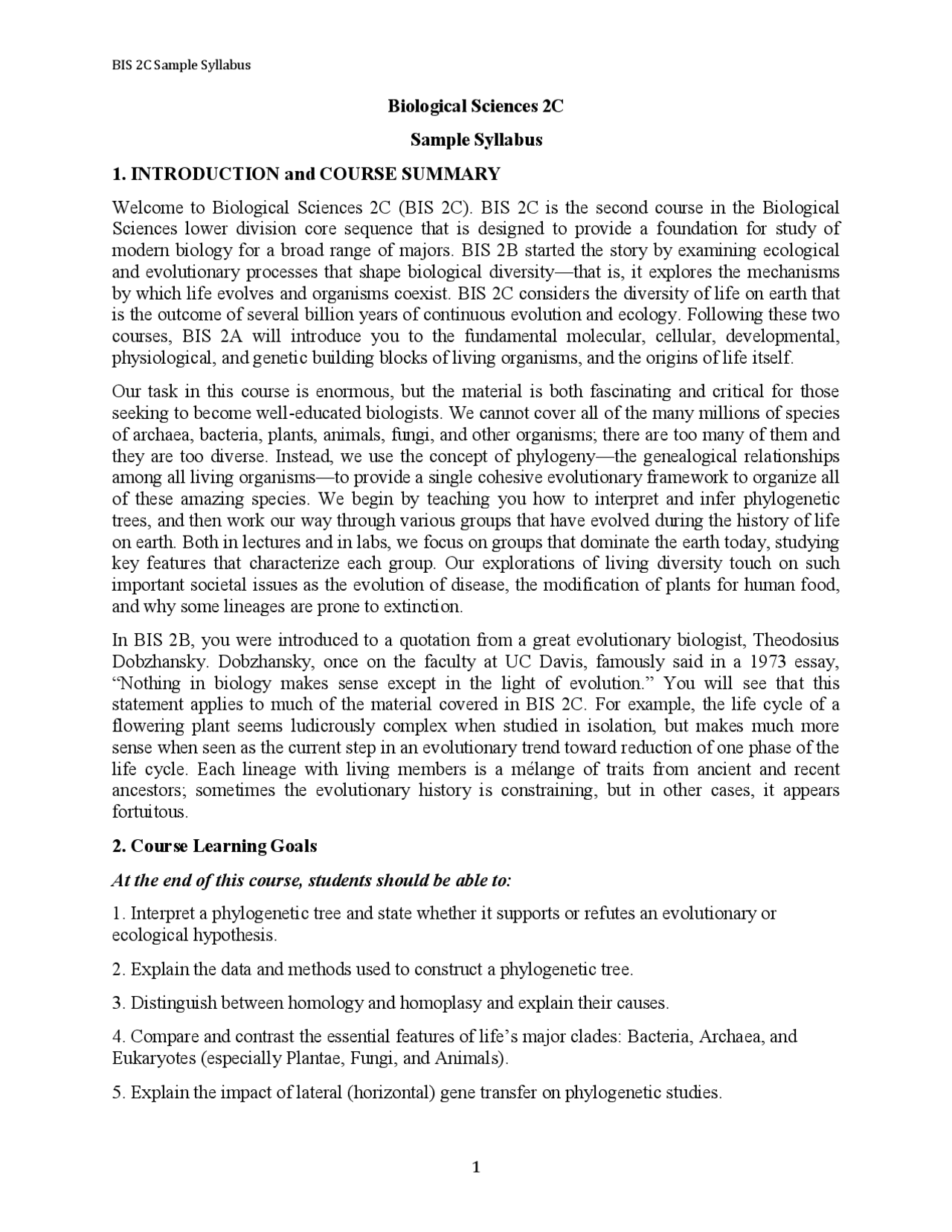 Biological Sciences 2C Sample Syllabus 1. INTRODUCTION ... | Study ...