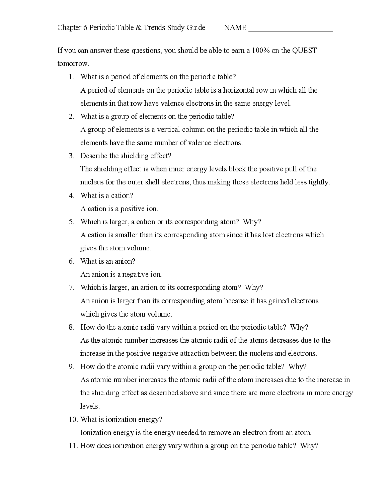 Periodic Trends Study Guide